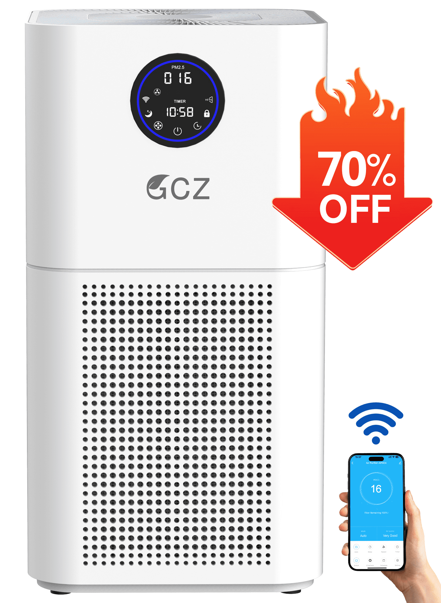 GCZ WiFi Air Purifier, H13 HEPA Filter, for Large Rooms up to 3500 Sq ...