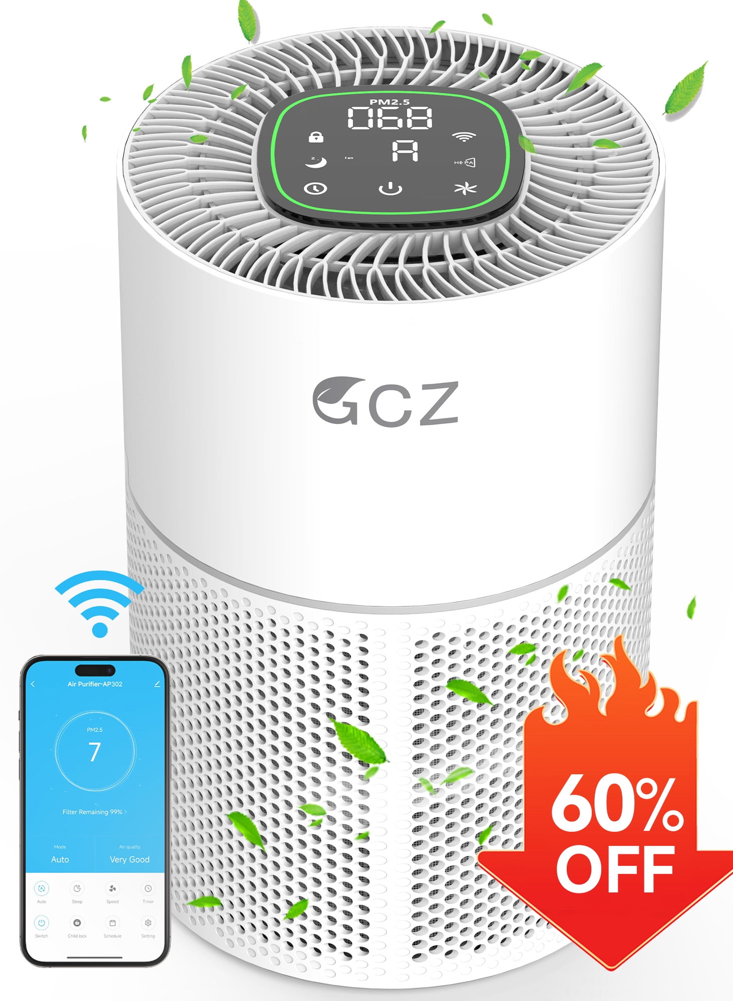 GCZ Air Purifier, WiFi Control, H13 HEPA Filter, Removes 99.97% ...