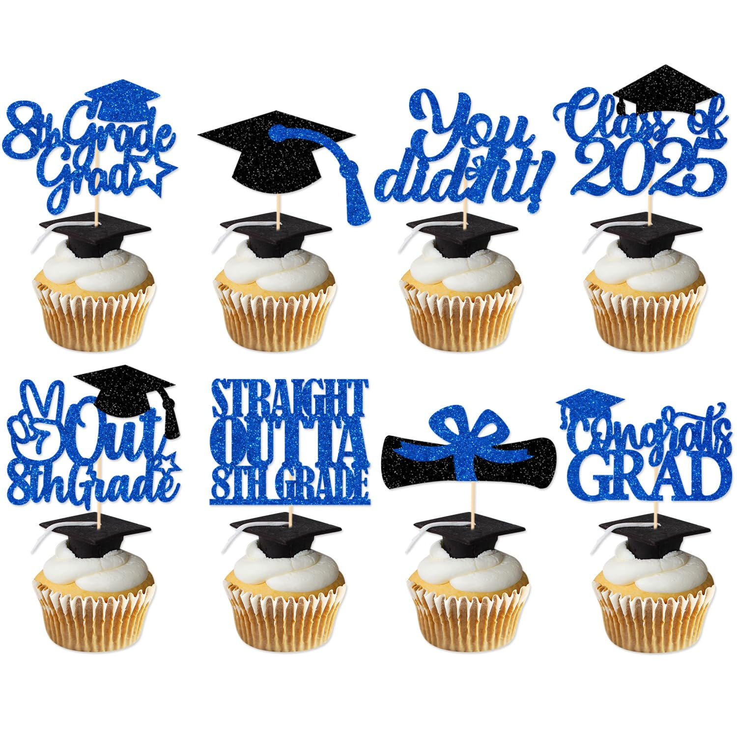 GD8XDG-LS 8th Grade Grad Cupcake Toppers, RST1 Blue Glitter 8th Grade ...