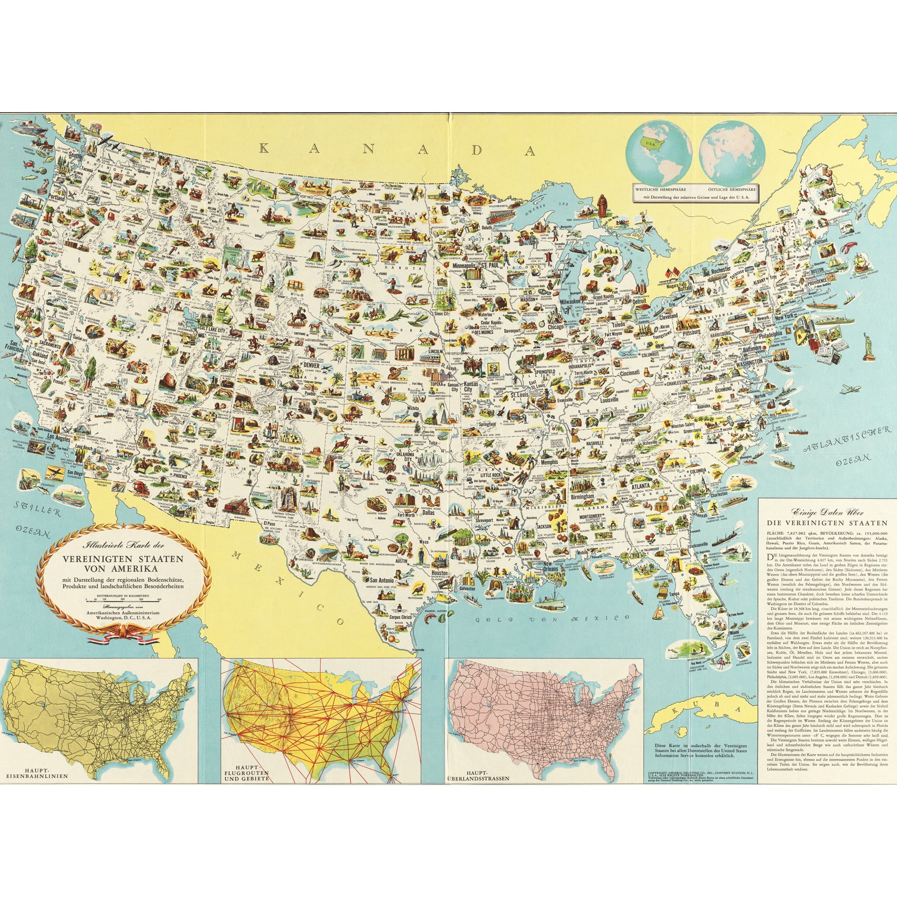 GDC 1950 Pictorial Map USA German Language Extra Large Art Print Wall ...