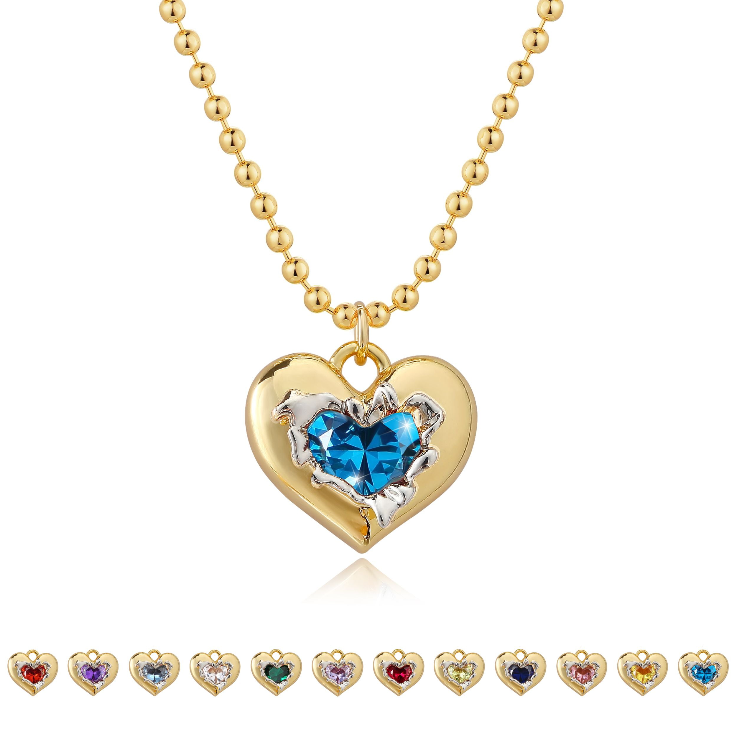 GDCOIN Birthstone Necklace Heart Shaped Pendant with 14K Gold Plated ...
