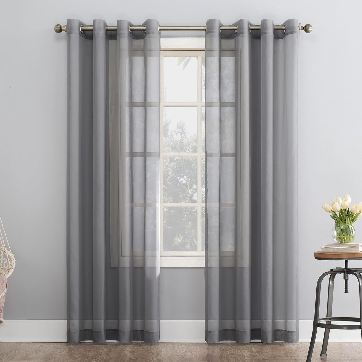 GDDPOD-Emily Sheer Voile Grommet Curtain Panel, 59" x 63", Charcoal ...