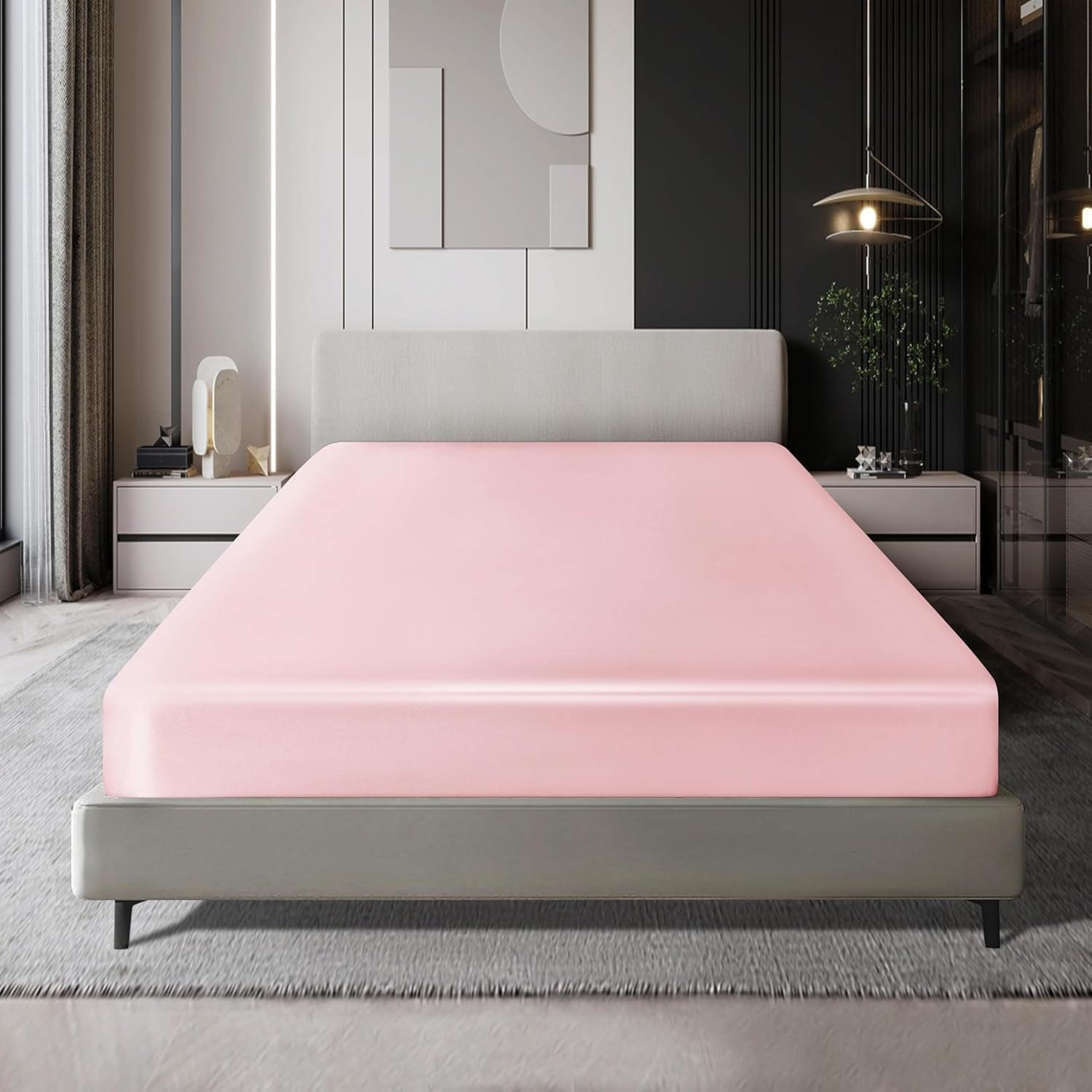 GDDPOD-King Satin Fitted Sheet - Pale Pink, Soft Bottom, 1 Piece ...