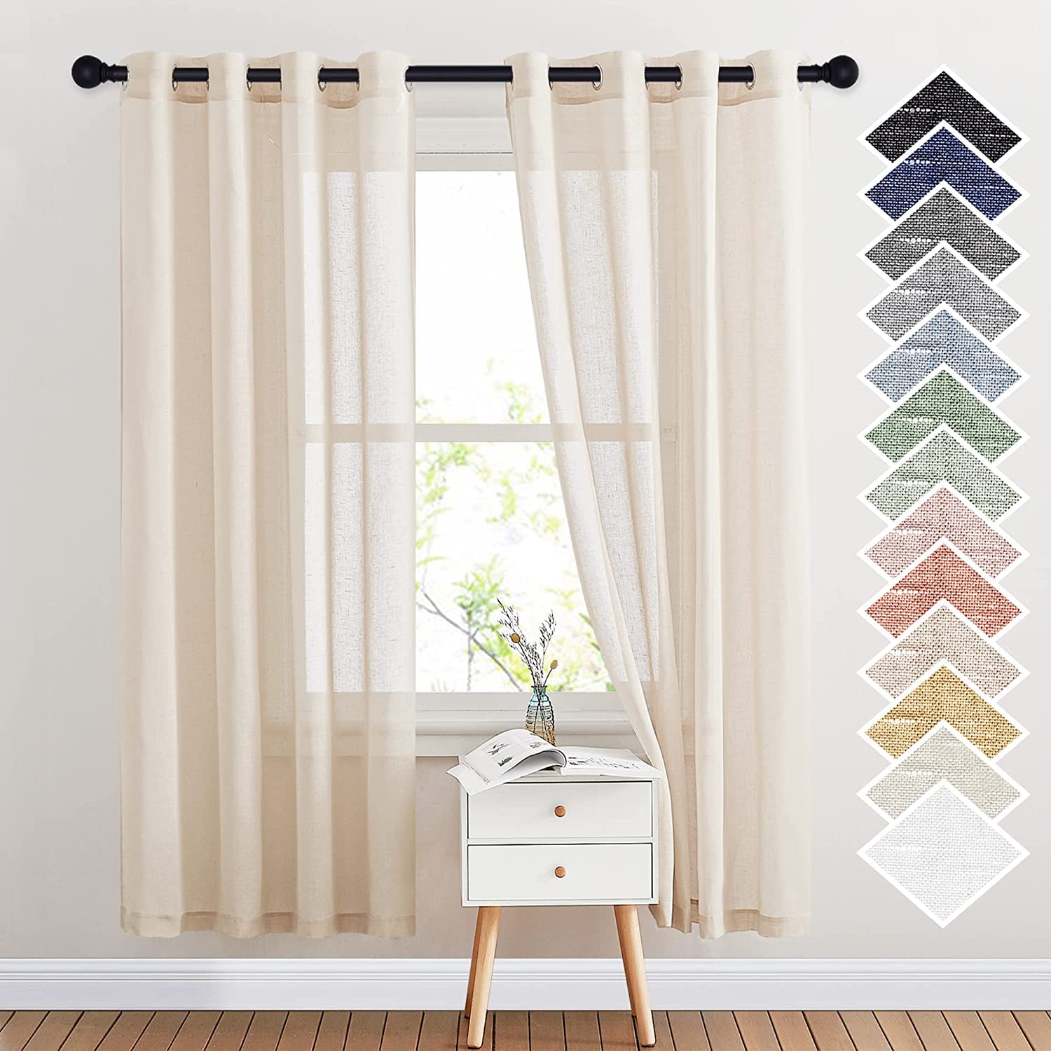 GDDPOD-Natural Open Linen Weave Flax Sheer Window Curtains, Ring Top ...