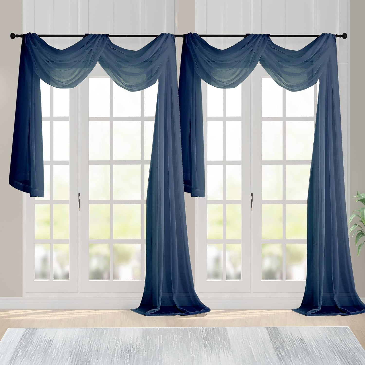 GDDPOD-Navy Blue Sheer Scarf Valances for Windows 216 Inch Extra Long ...