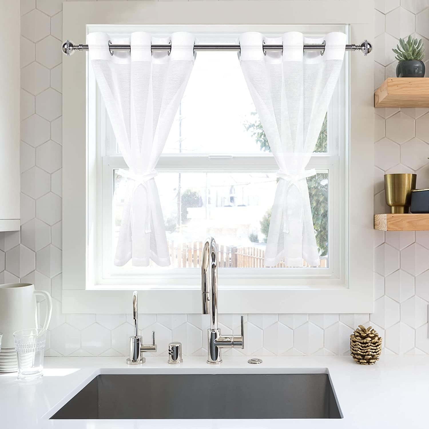GDDPOD-White Short Kitchen Semi Sheer Curtains, W34 x L45 Extra Long ...