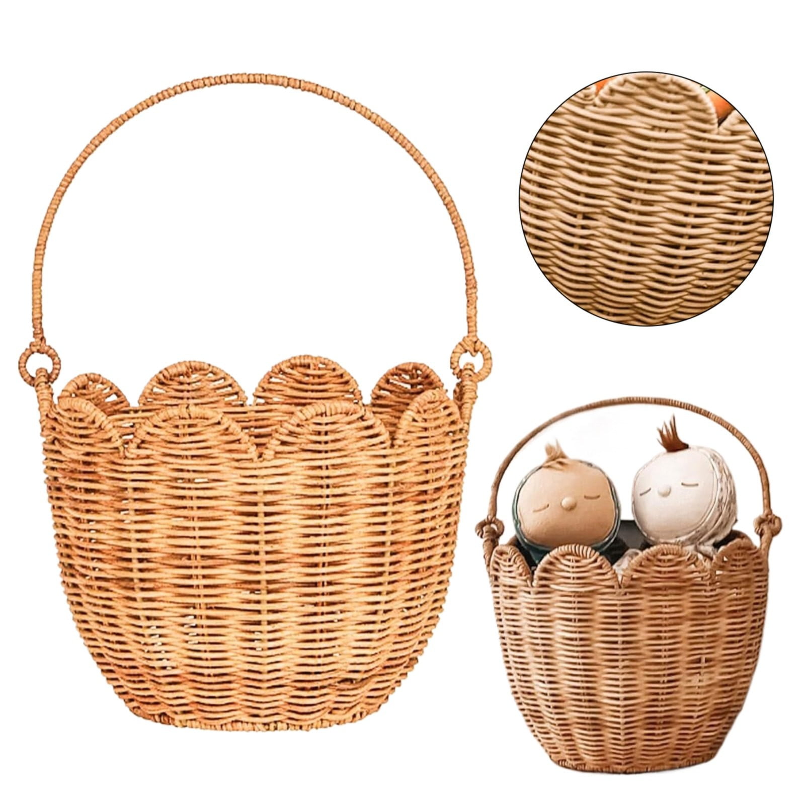 GDDTOY Scalloped Edge Round Basket With Handle Sturdy Wicker Storage ...