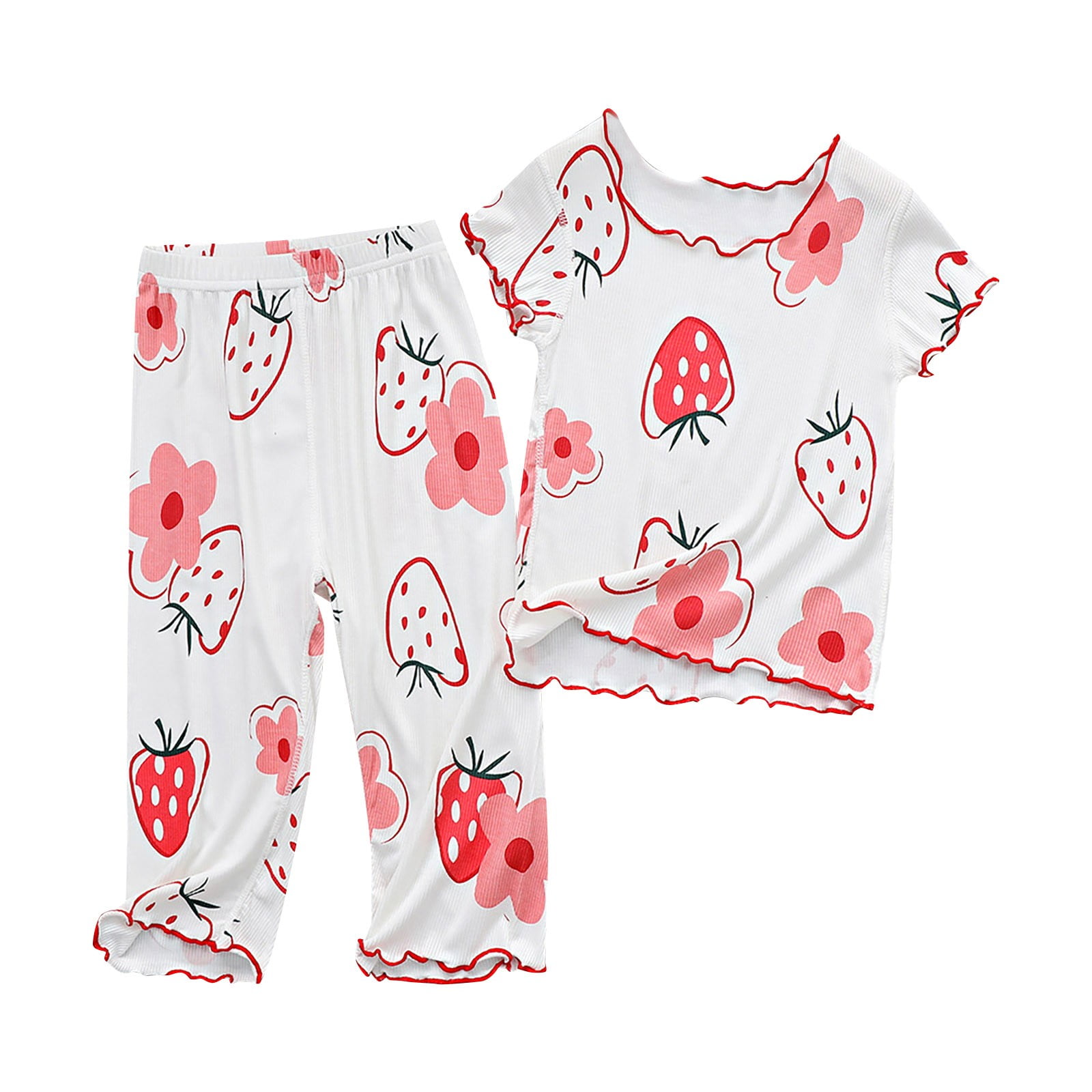GDEGE Summer Girls Thin Pajamas Set Strawberry Pattern Wooden Ear Edge ...