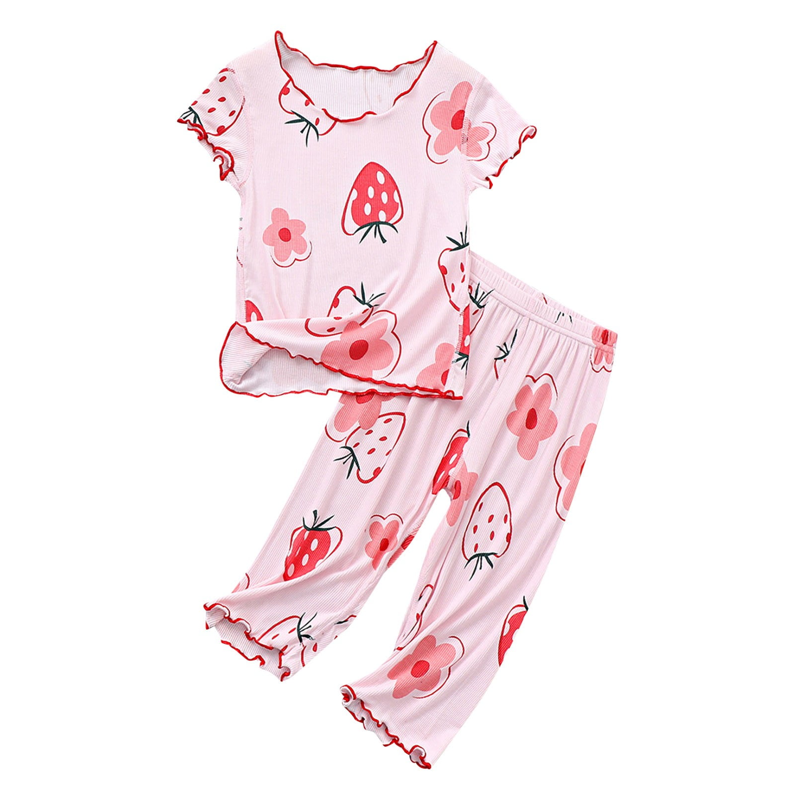 GDEGE Summer Girls Thin Pajamas Set Strawberry Pattern Wooden Ear Edge ...