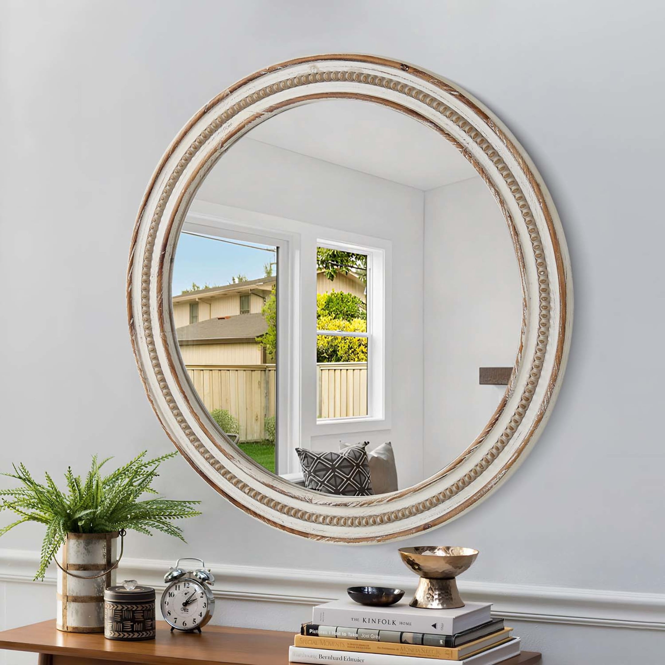 GDF Studio 24" Vintage Decorative Round Mirror, Beaded Wood Frame Wall ...