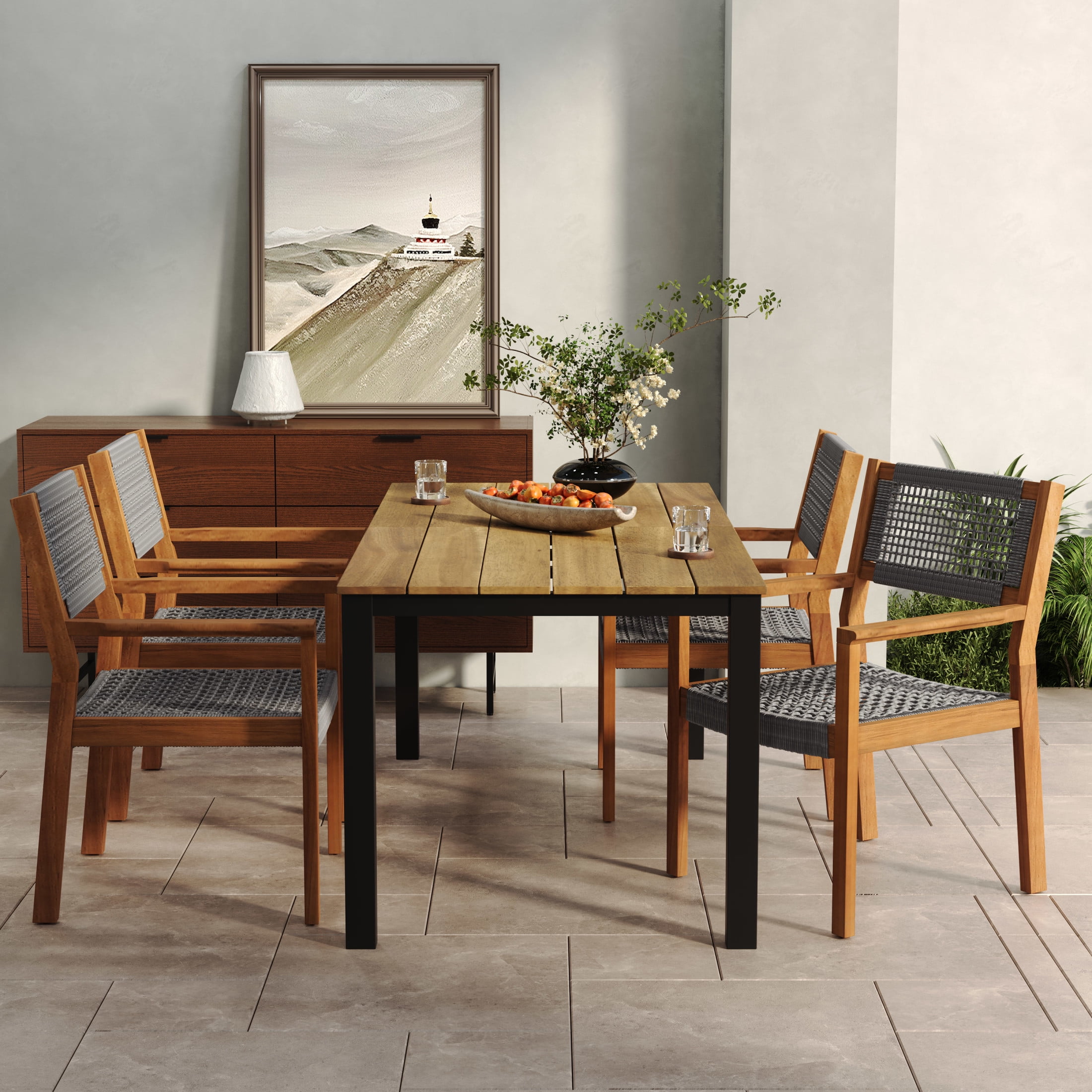 GDF Studio 7-Piece Acacia Wood Outdoor Dining Set with Rope Chairs and ...