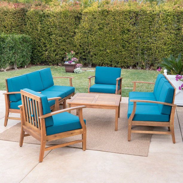 GDF Studio Abena Outdoor 8 Seater Acacia Wood Chat Set with Cushions, Teak and Blue - Walmart ...