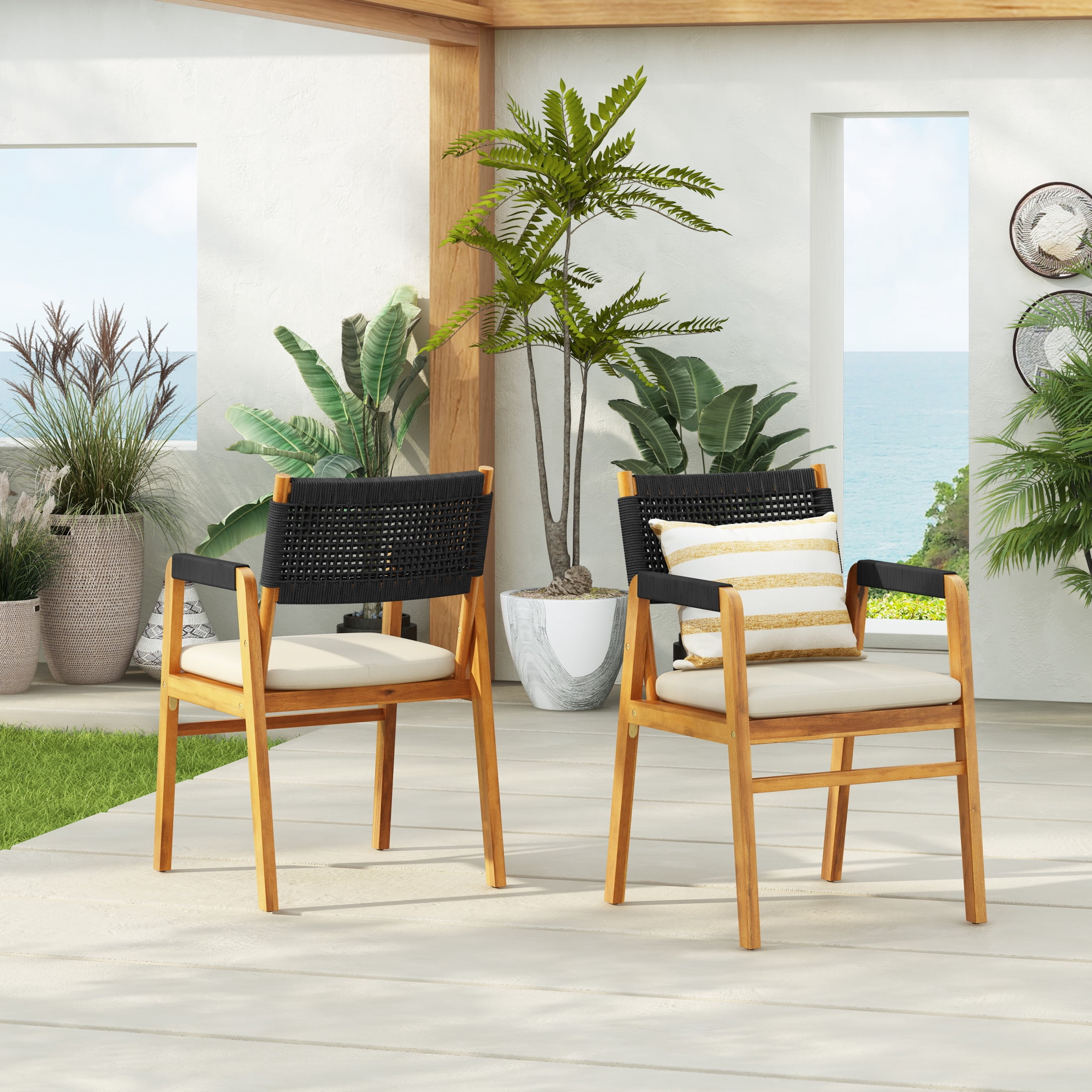 GDF Studio Acacia Wood Outdoor Chairs with Black Rope Woven Backrest ...