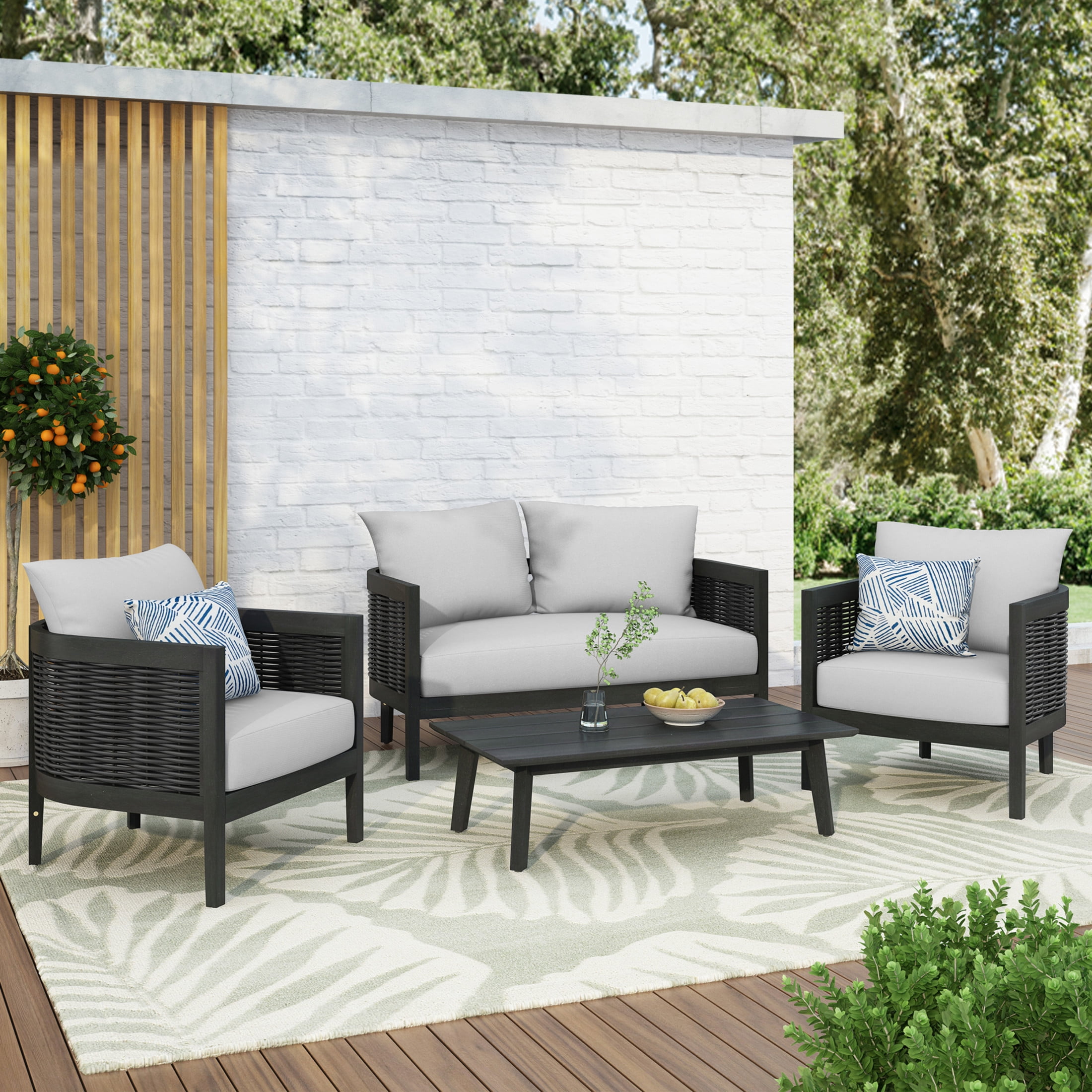 GDF Studio Alaric Outdoor Patio 4 Piece Chat Set, Solid Wood Frame ...