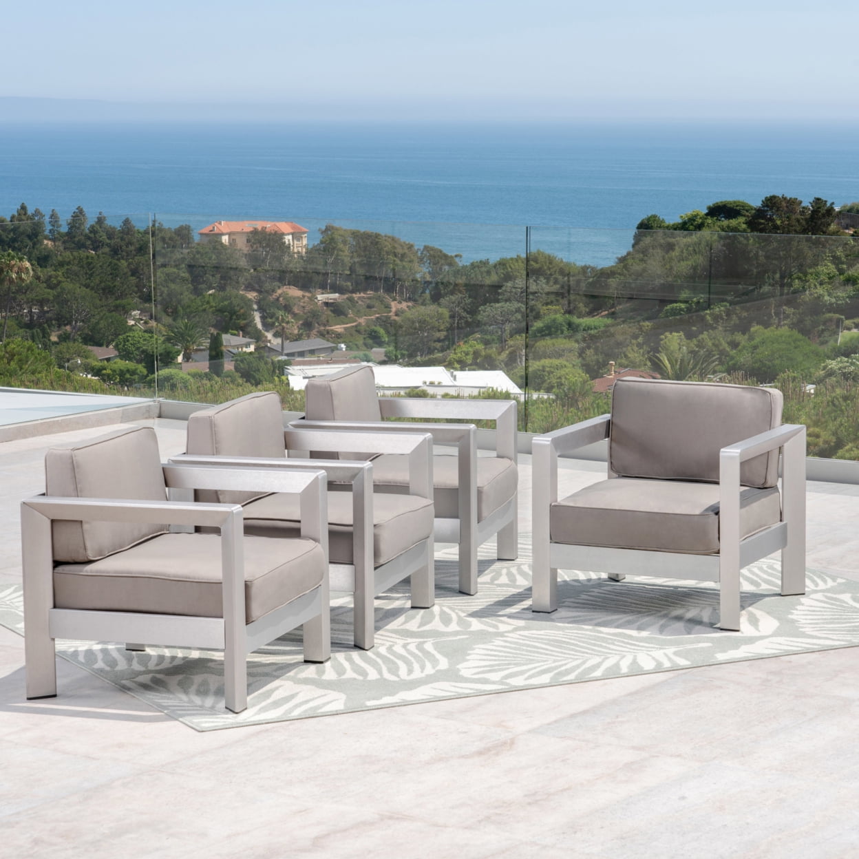GDF Studio Alec Outdoor Aluminum Club Chairs with Cushions, Set of 4 ...