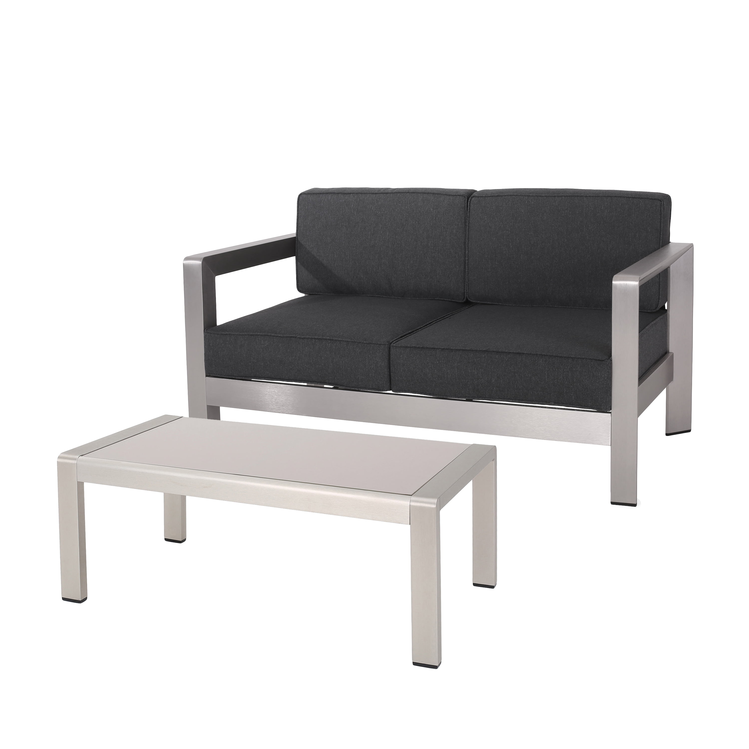 GDF Studio Alec Outdoor Aluminum Loveseat and Glass Topped Coffee Table ...