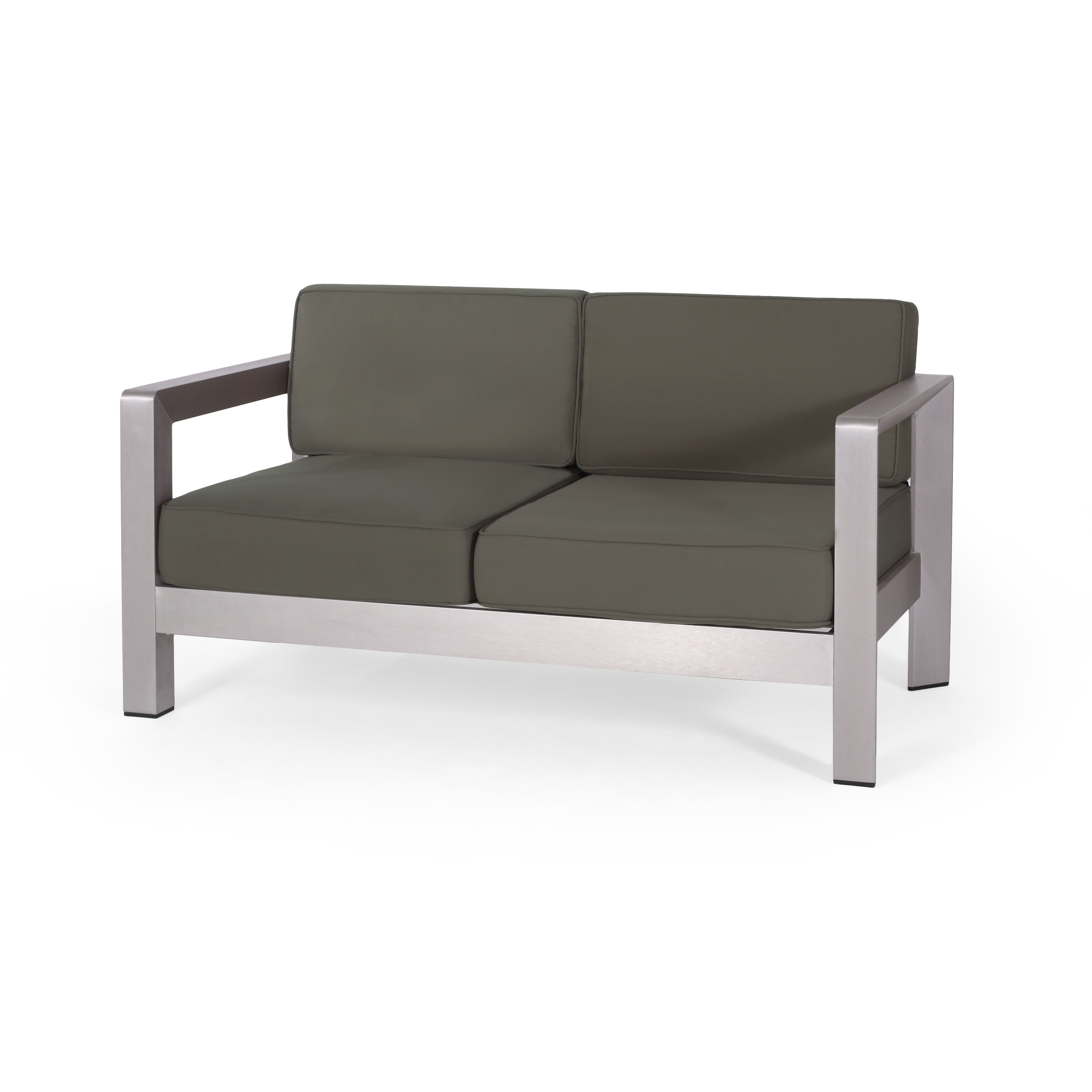 GDF Studio Alec Outdoor Aluminum Loveseat with Cushions, Silver, Khaki ...