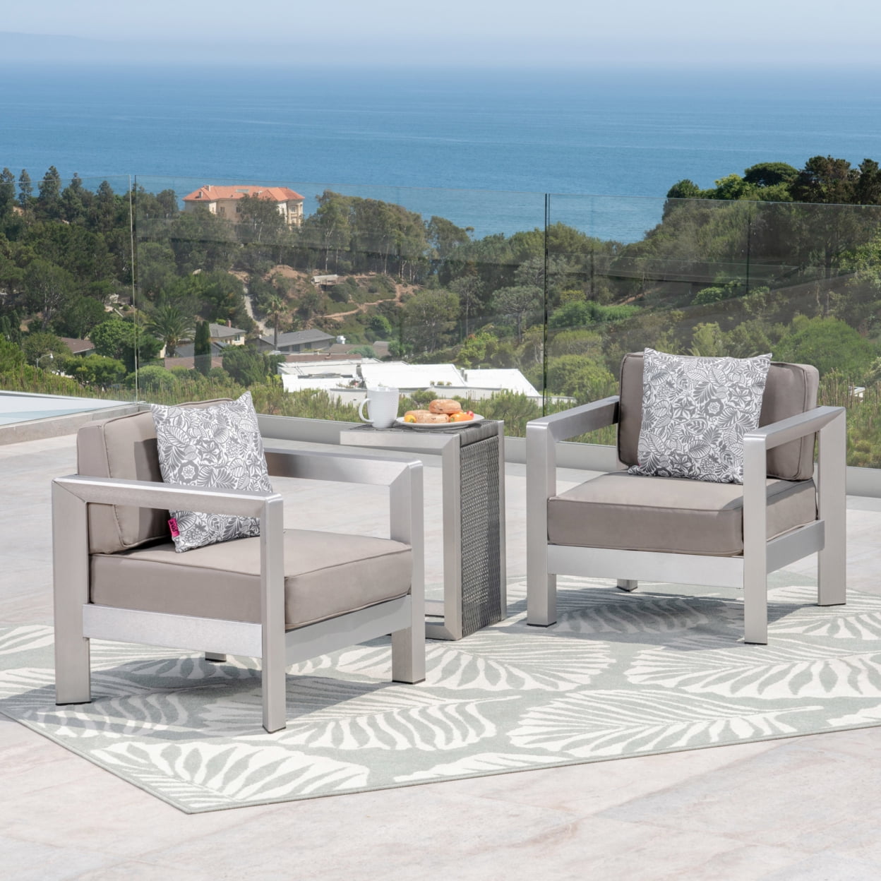 GDF Studio Alec Outdoor Aluminum and Wicker 3 Piece Chat Set with C ...