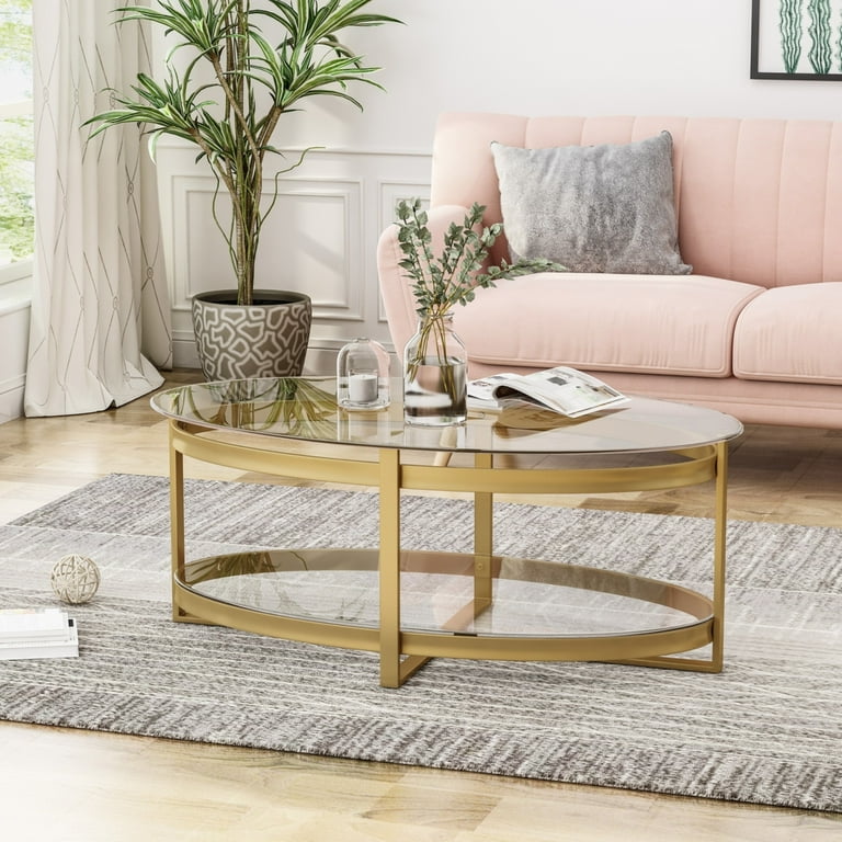 Gdf Studio Bell Modern Glam Tempered Glass Oval Coffee Table Brass