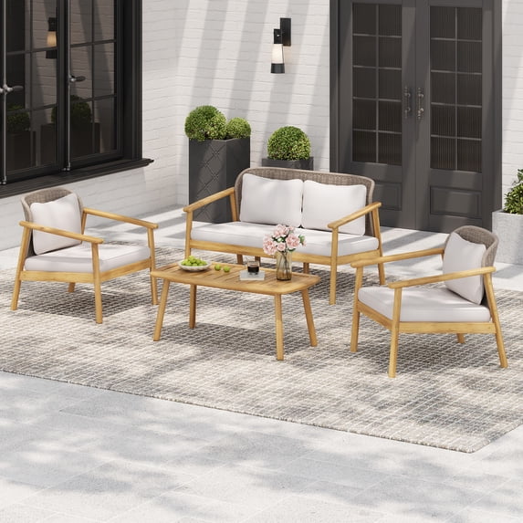 GDF Studio Boho 6 Piece Outdoor Wood Conversation Set, Woven Rope ...