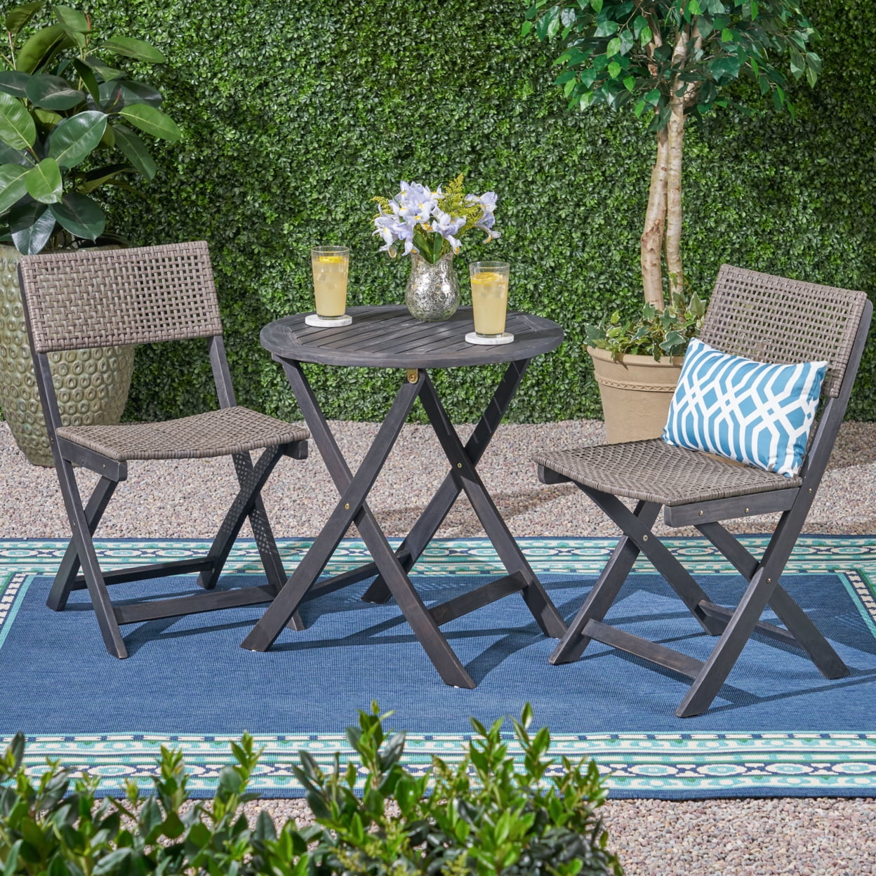 GDF Studio Brooke Outdoor Acacia Wood and Wicker 3 Piece Folding Bistro ...