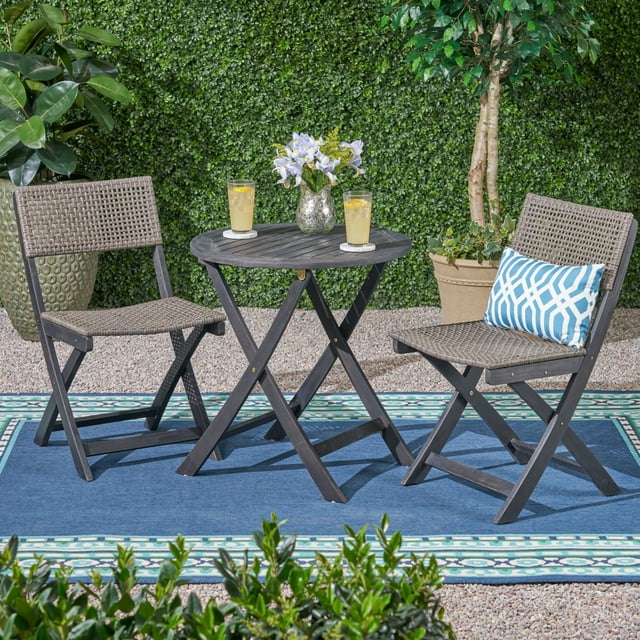 GDF Studio Brooke Outdoor Acacia Wood and Wicker 3 Piece Folding Bistro ...