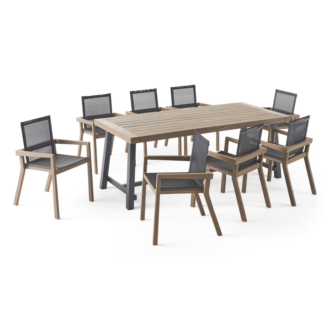 GDF Studio Claude Outdoor Mesh and Acacia Wood 9 Piece Dining Set, Gray ...