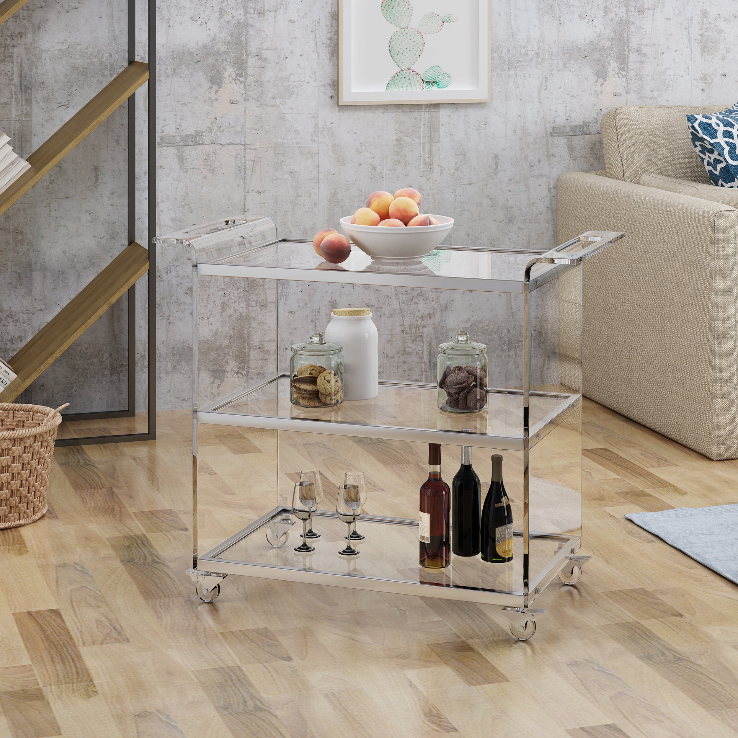 GDF Studio Dax Acrylic Home Bar Cart, Modern Glam 3 Tiered Tempered ...