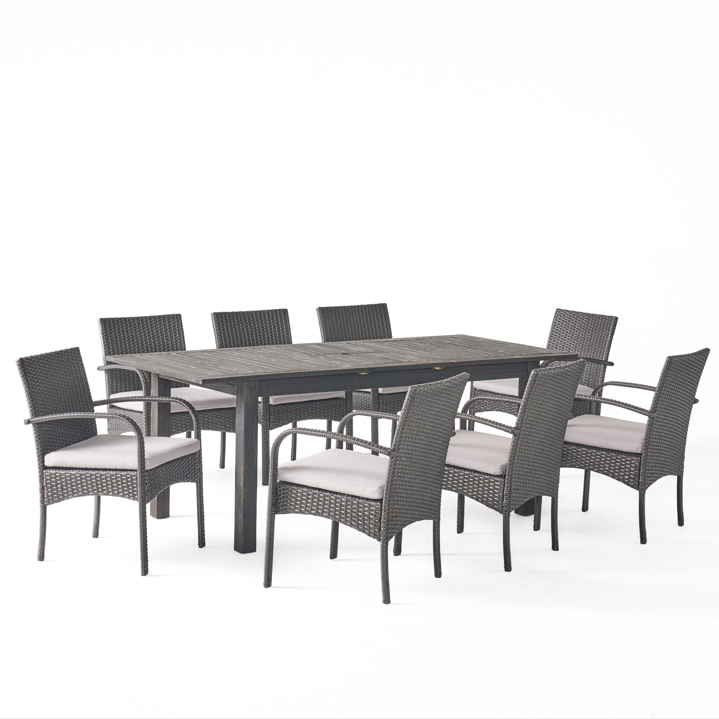 GDF Studio Elis Outdoor Wood and Wicker 9 Piece Expandable Dining Set ...
