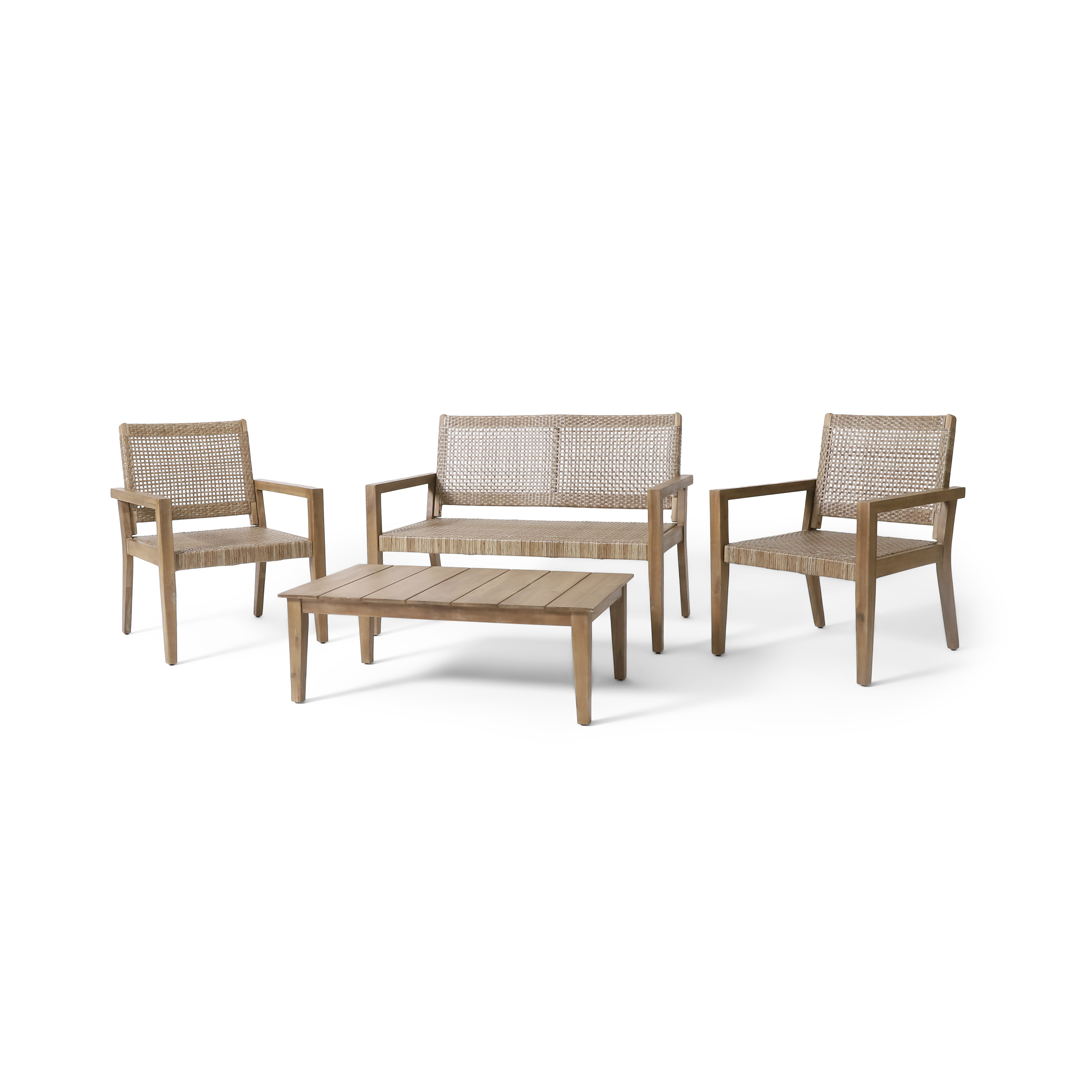 GDF Studio Elmcrest 4-Seater Outdoor Wicker & Acacia Wood Chat Set ...
