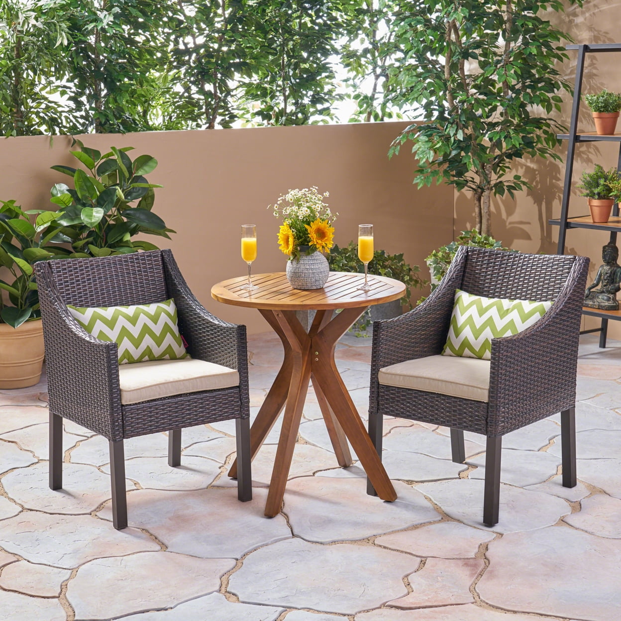 GDF Studio Farlie Outdoor Acacia Wood and Wicker 3 Piece Bistro Set ...