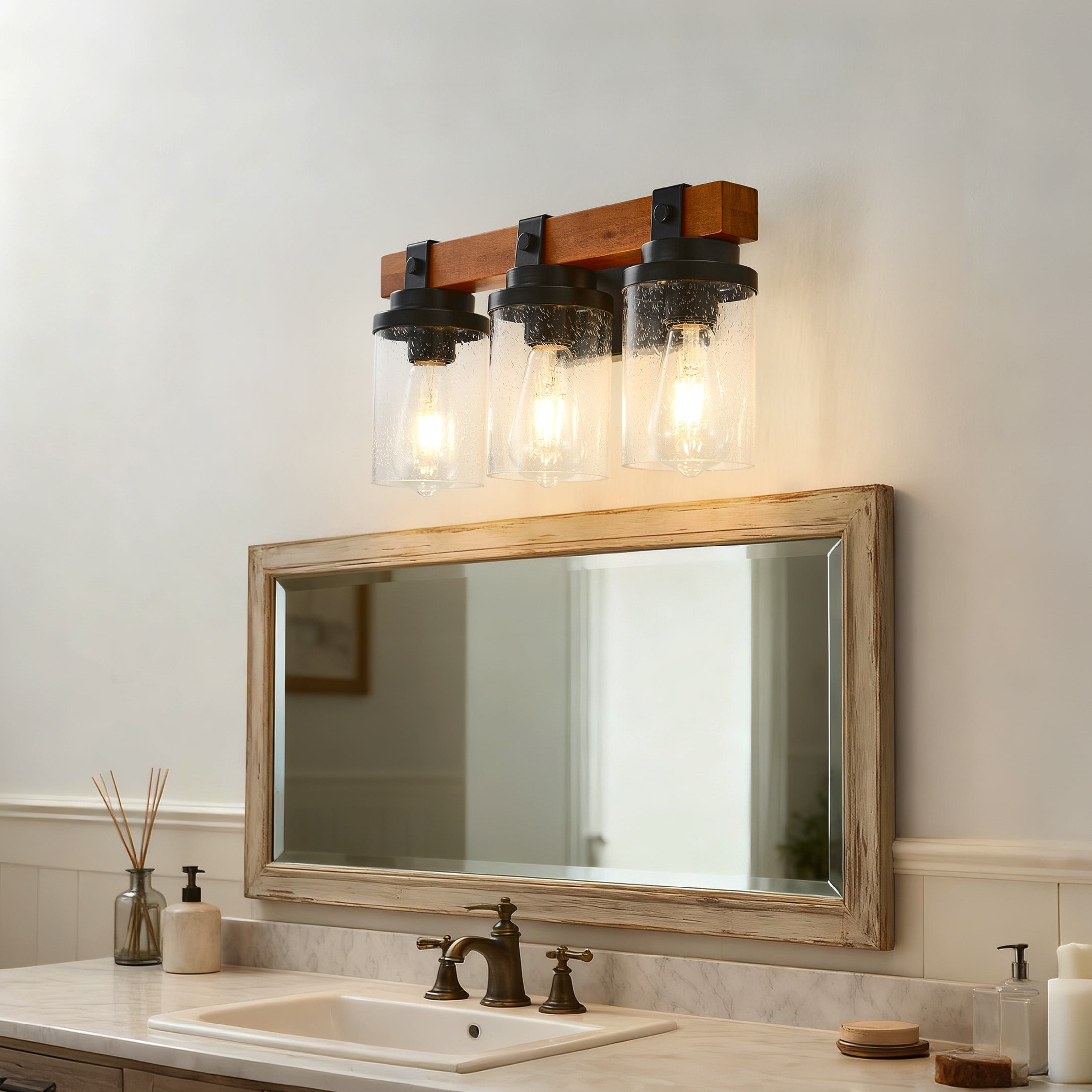 GDF Studio Farmhouse 3-Light Vanity Wall Light with Glass Shades, Matte ...