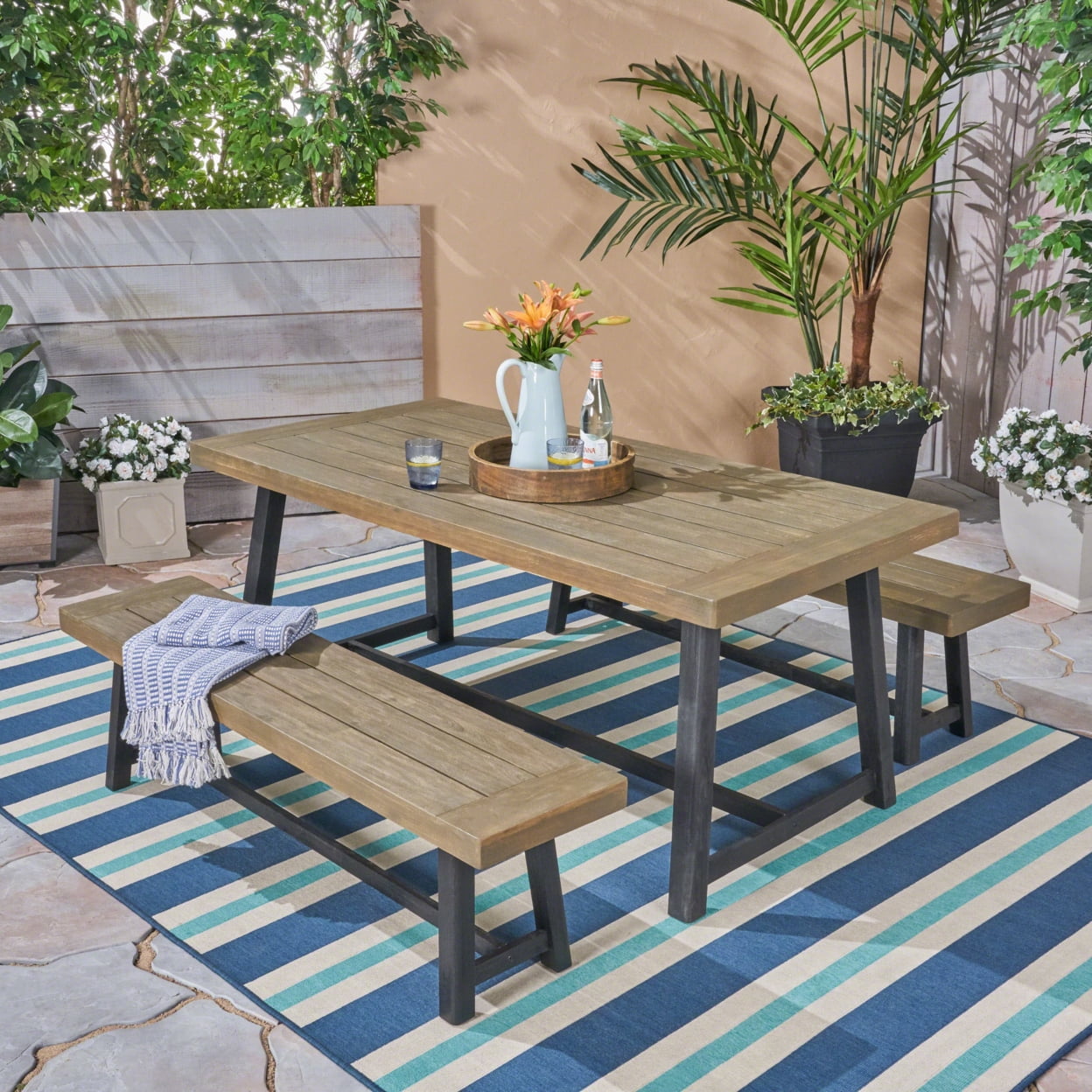 GDF Studio Foster Outdoor Acacia Wood 3 Piece Picnic Set, Dark Gray and ...