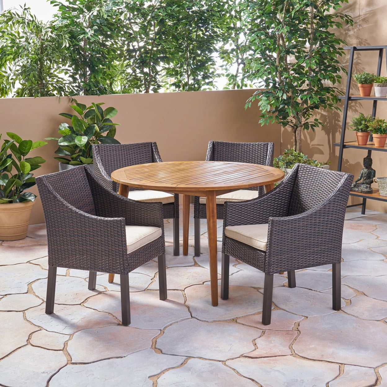 GDF Studio Gaven Outdoor Acacia Wood and Wicker 5 Piece Dining Set with ...