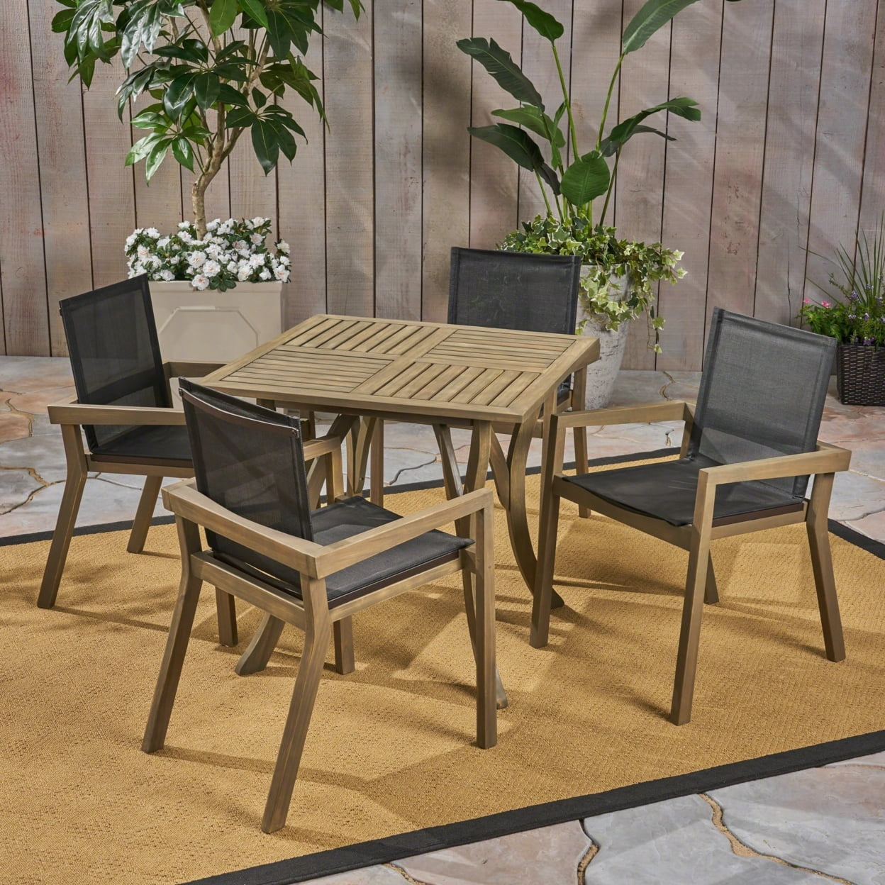 GDF Studio Grapewood Outdoor Acacia Wood and Mesh 5 Piece Dining Set ...