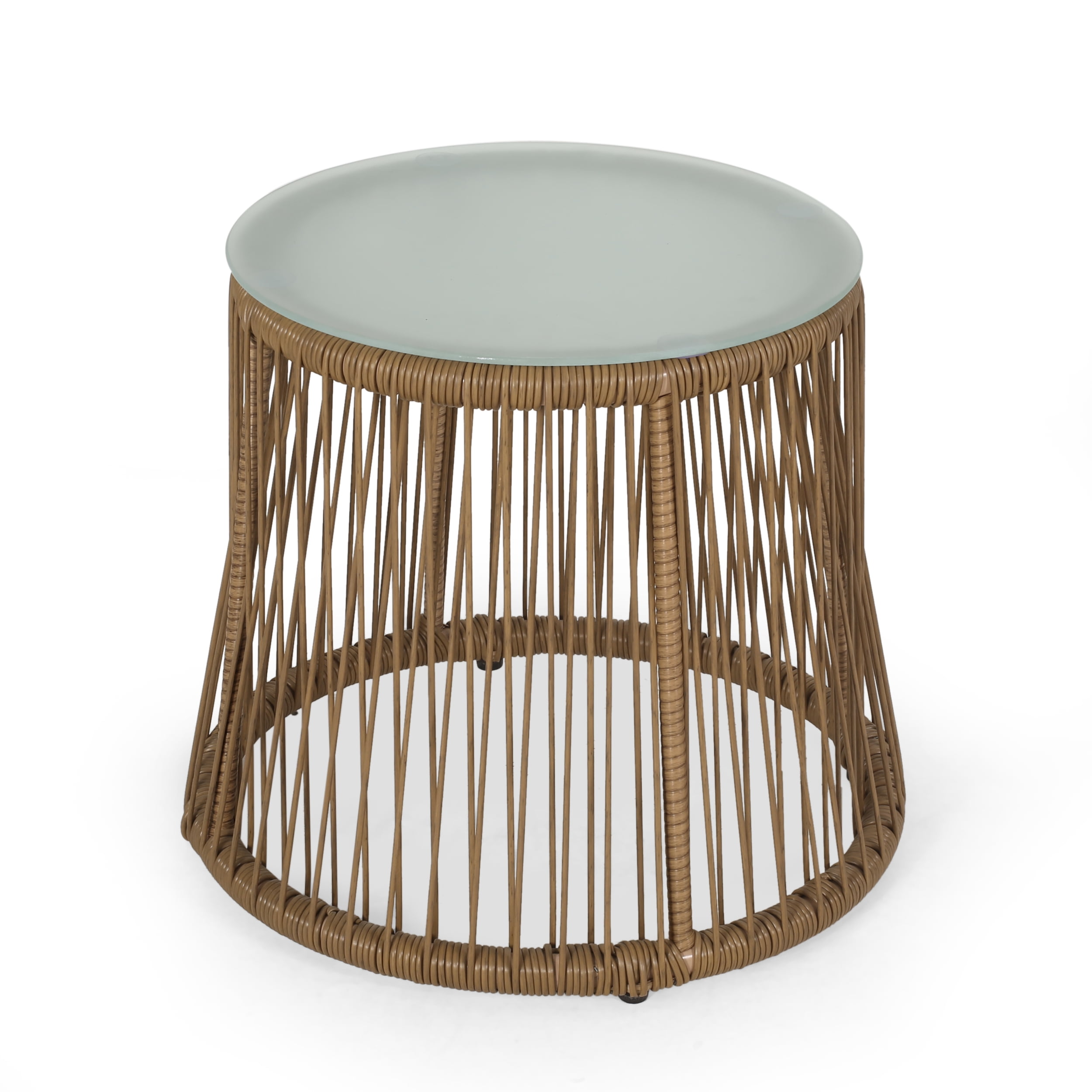 GDF Studio Helmville Outdoor Wicker Glass Top Side Table, Light Brown ...
