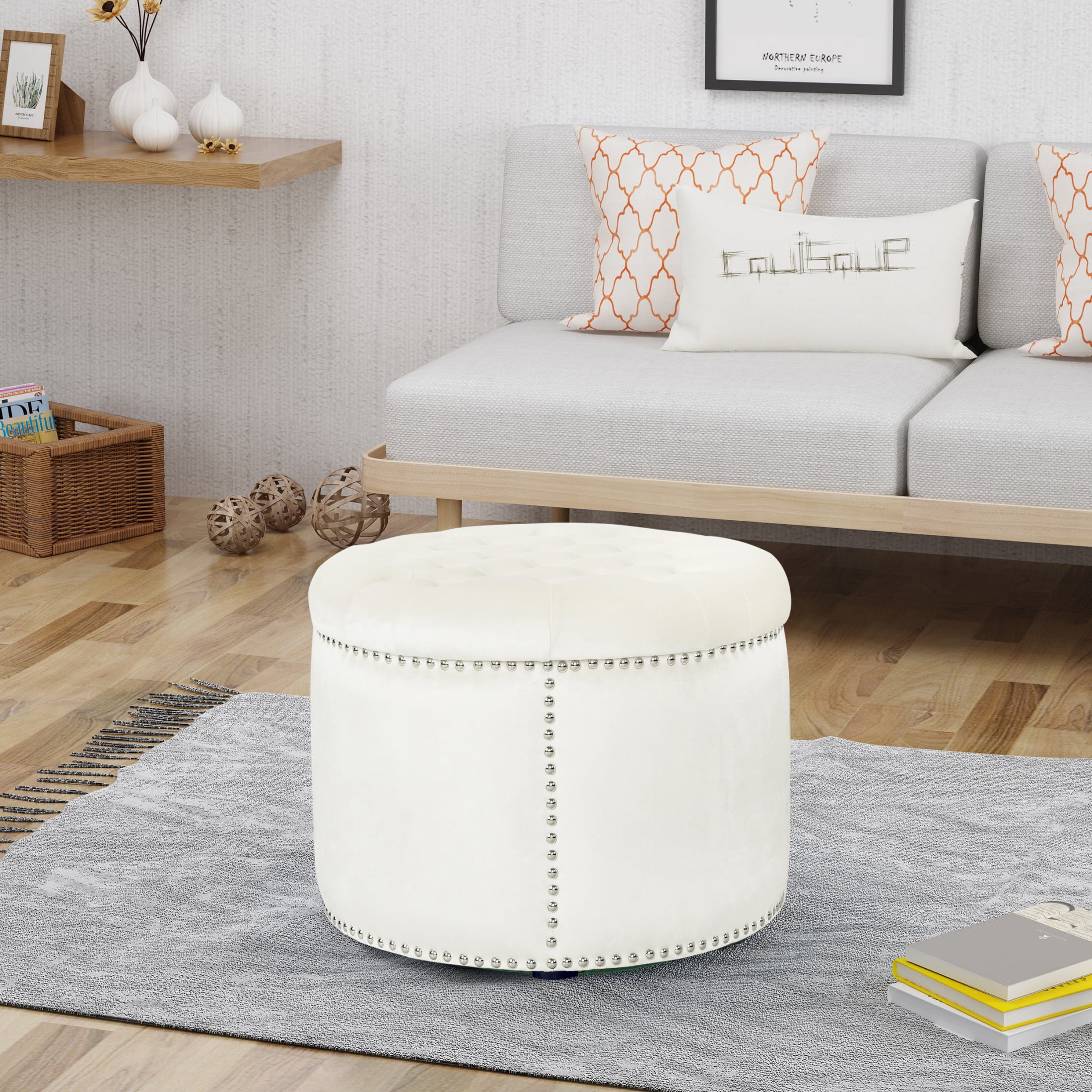 GDF Studio Hempstead Luxurious Emerald Velvet Round Ottoman with ...