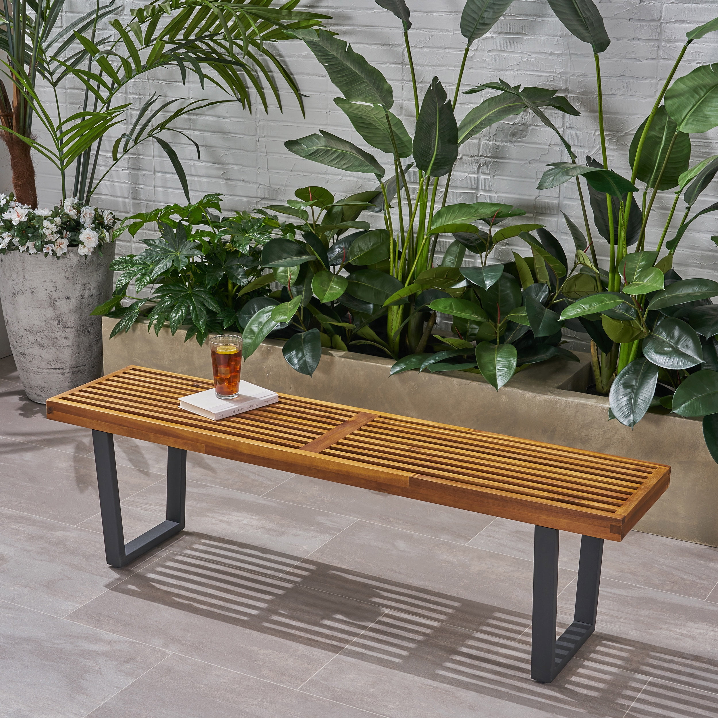 GDF Studio Joa Patio Wooden Acacia Long Bench, Modern Iron Legs, Weather-Resistant, Teak and ...