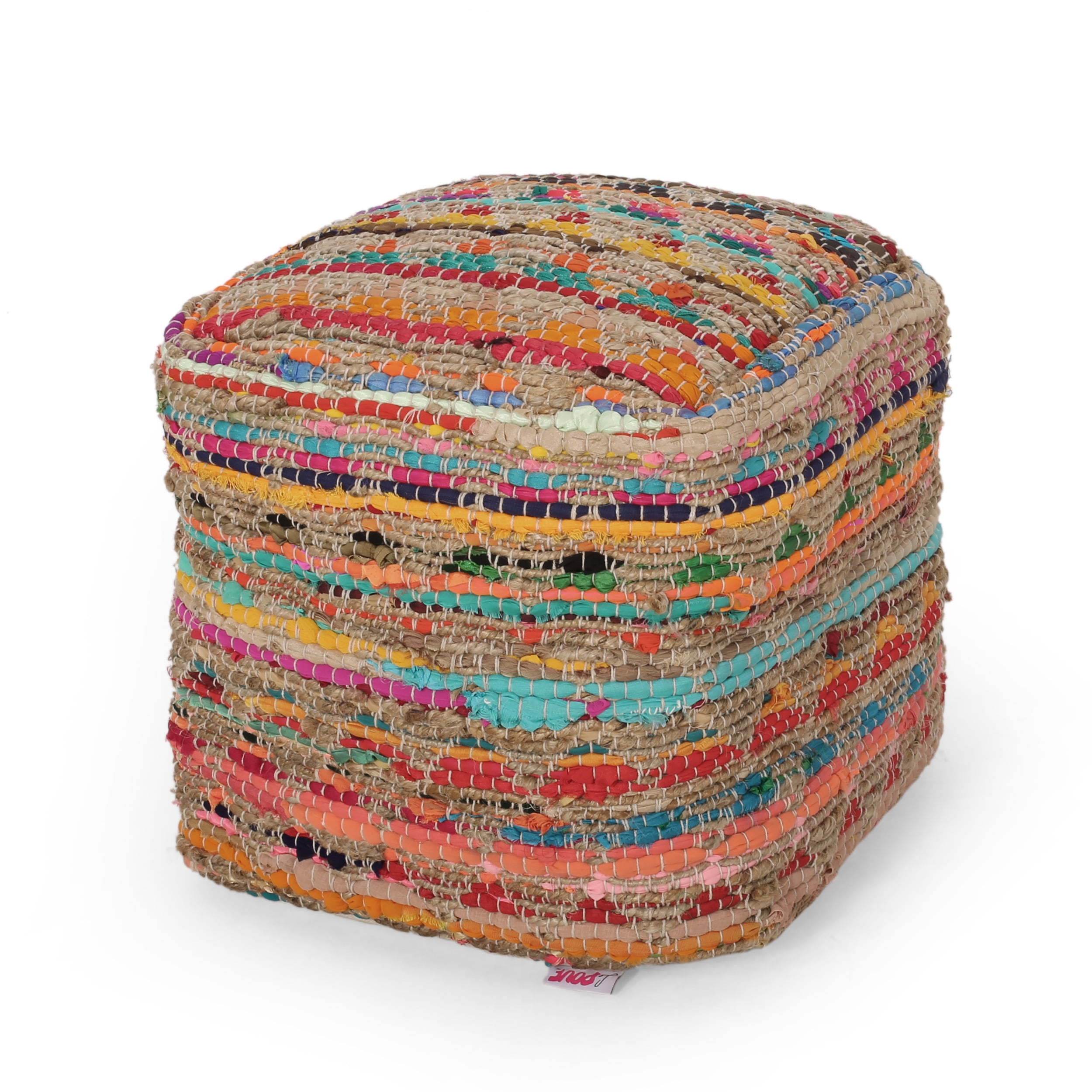 GDF Studio Kemp Handcrafted Boho Fabric Cube Pouf, Multi-Colored ...