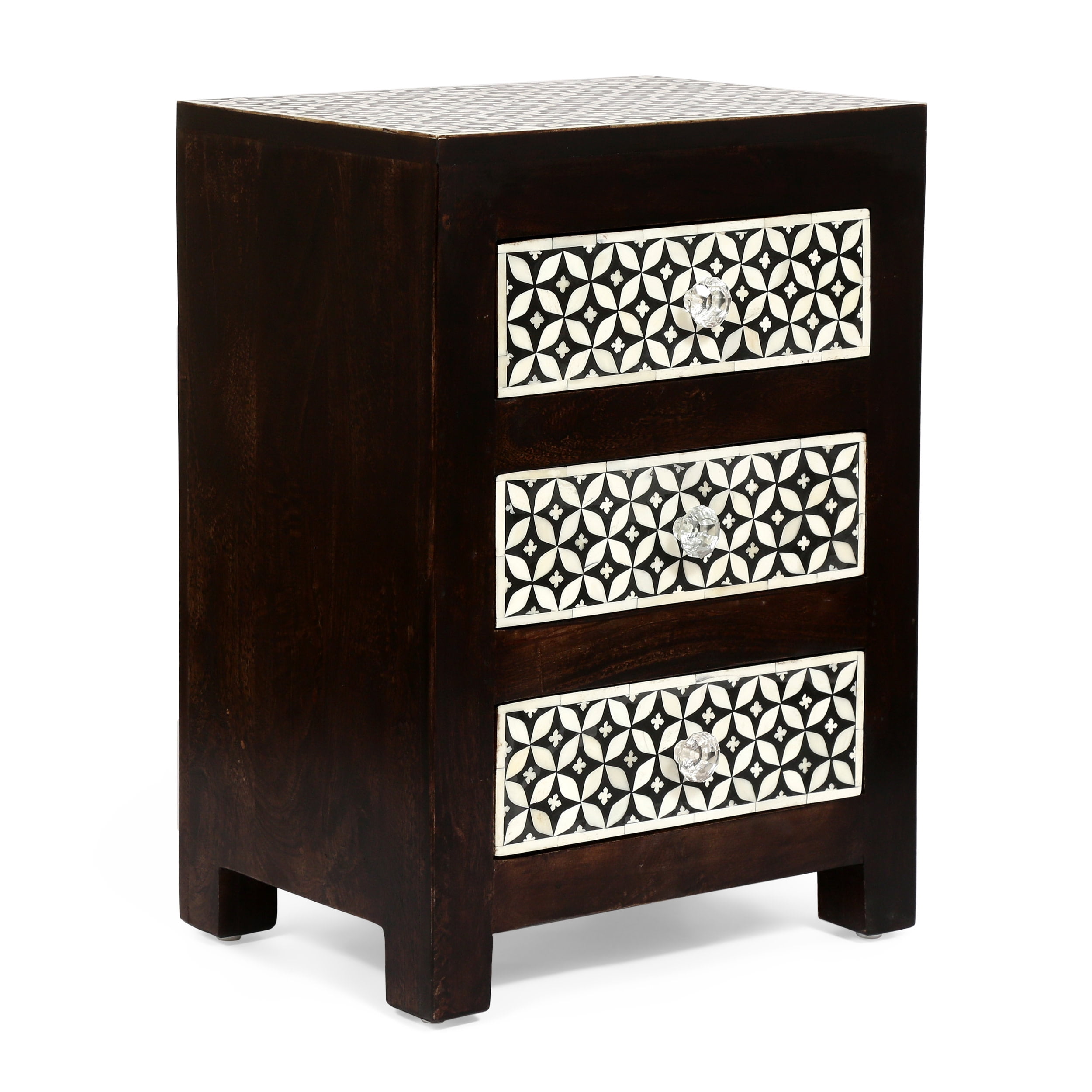 GDF Studio Kuna Boho Handmade Mango Wood 3 Drawer Nightstand, Dark ...