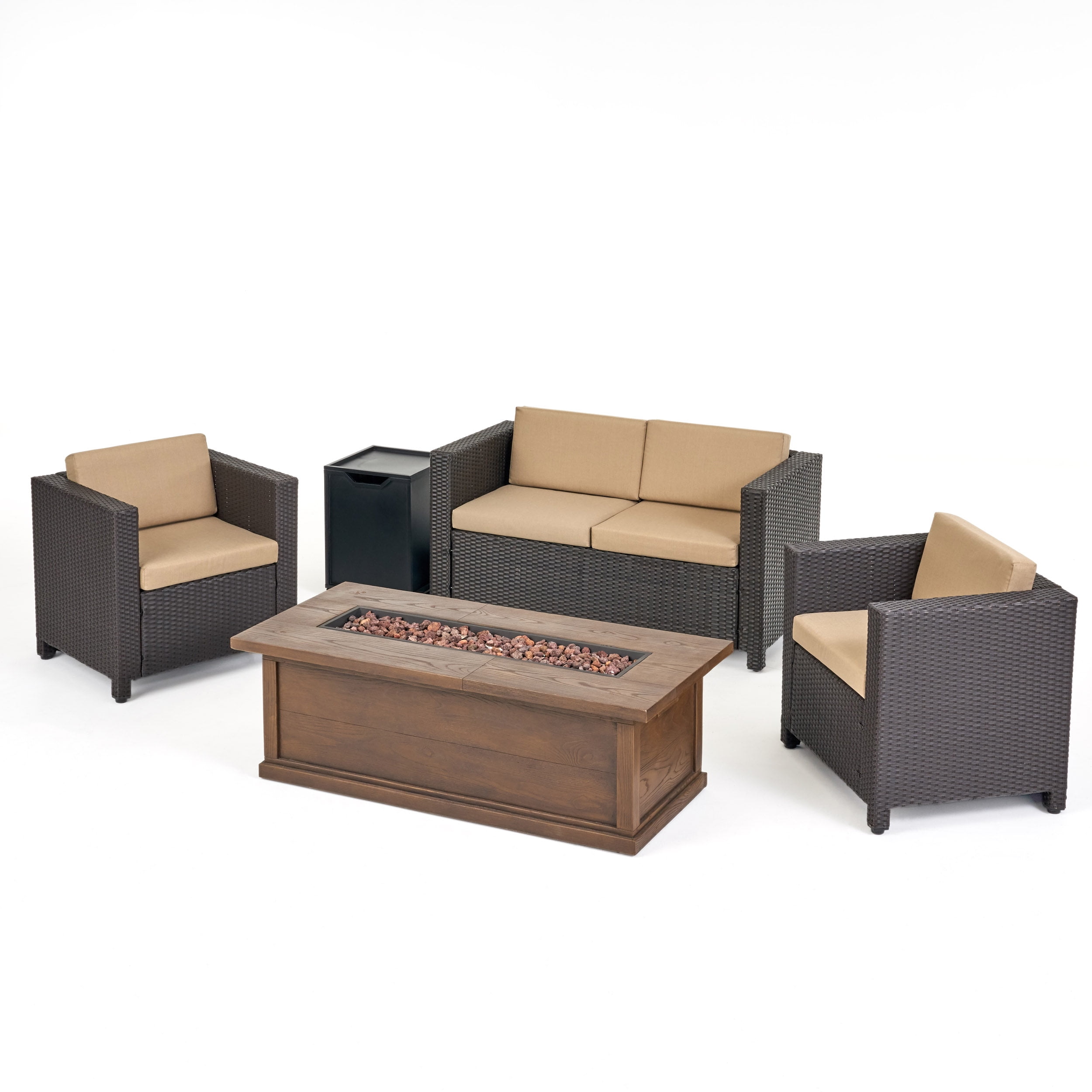 GDF Studio Laredo Outdoor Wicker 4 Seater Chat Set with Fire Pit, Dark ...