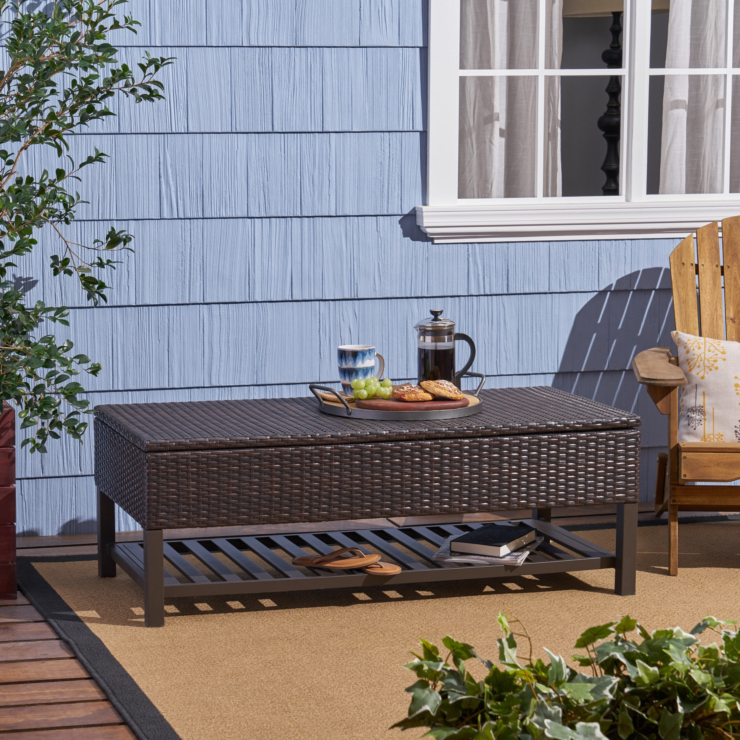 Hampton bay cambridge brown rectangular wicker outdoor patio coffee table with faux wood table top store
