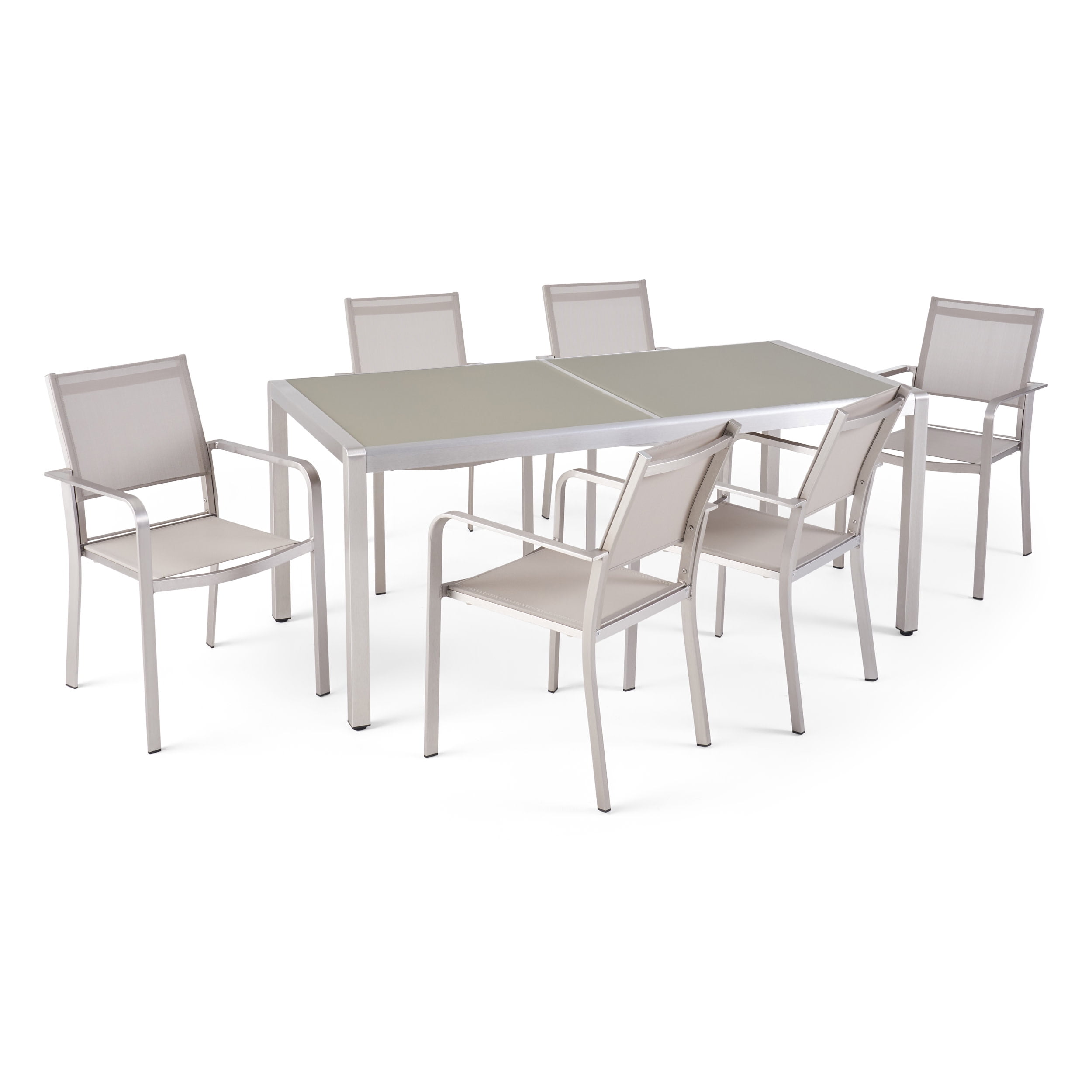GDF Studio Lrya Outdoor Mesh and Aluminum 7 Piece Dining Set with Glass ...
