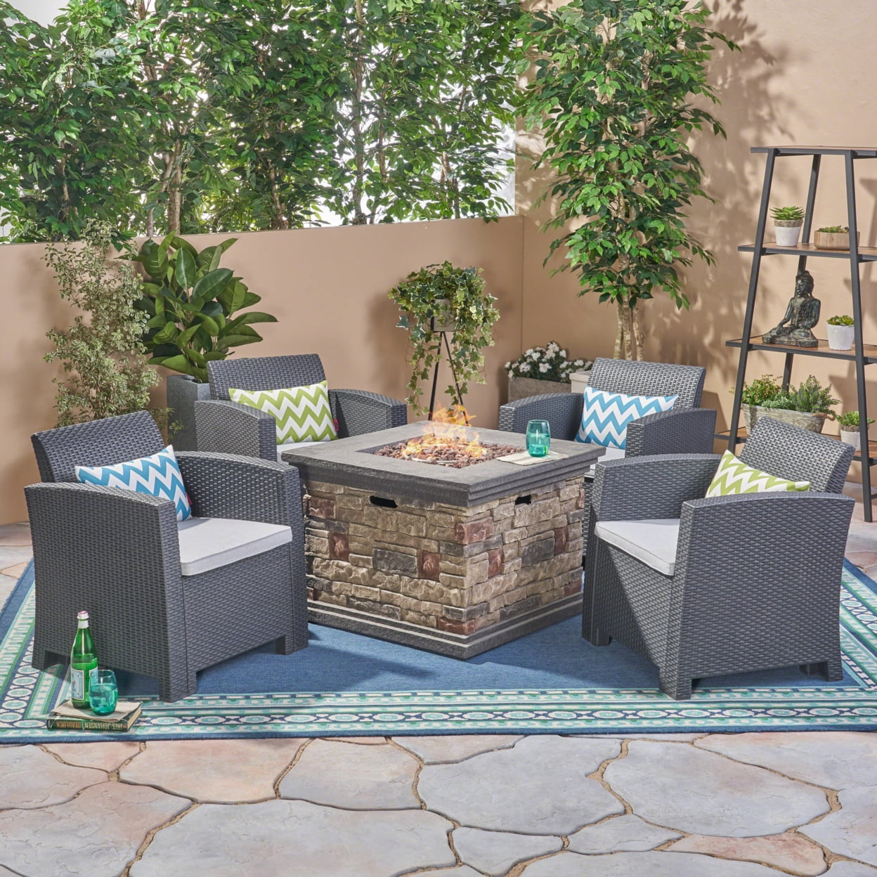 GDF Studio Luton Outdoor Faux Wicker 4 Seater Chat Set with Fire Pit ...