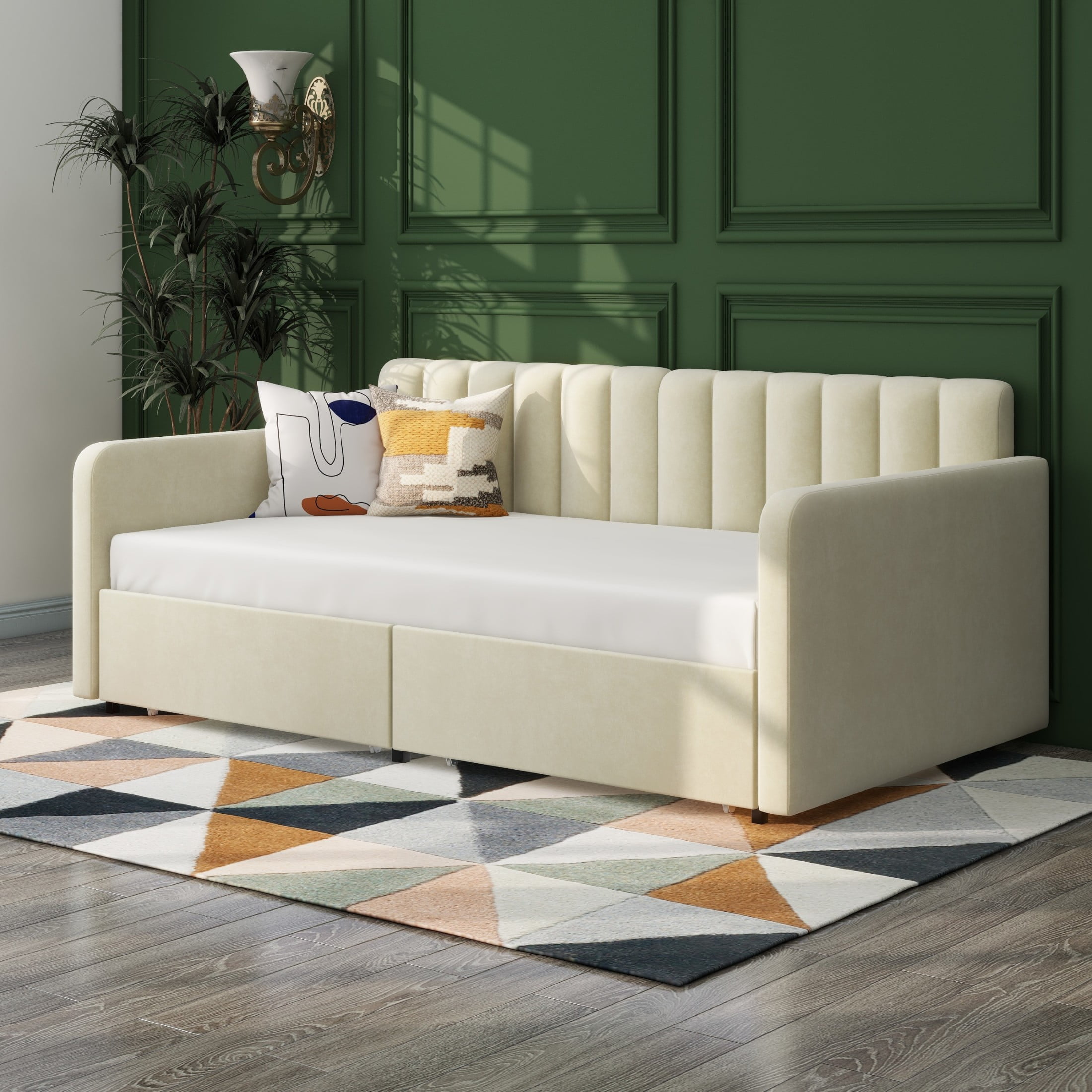 Modern Velvet Upholstered Twin Size Daybed with Drawers, Beige ...