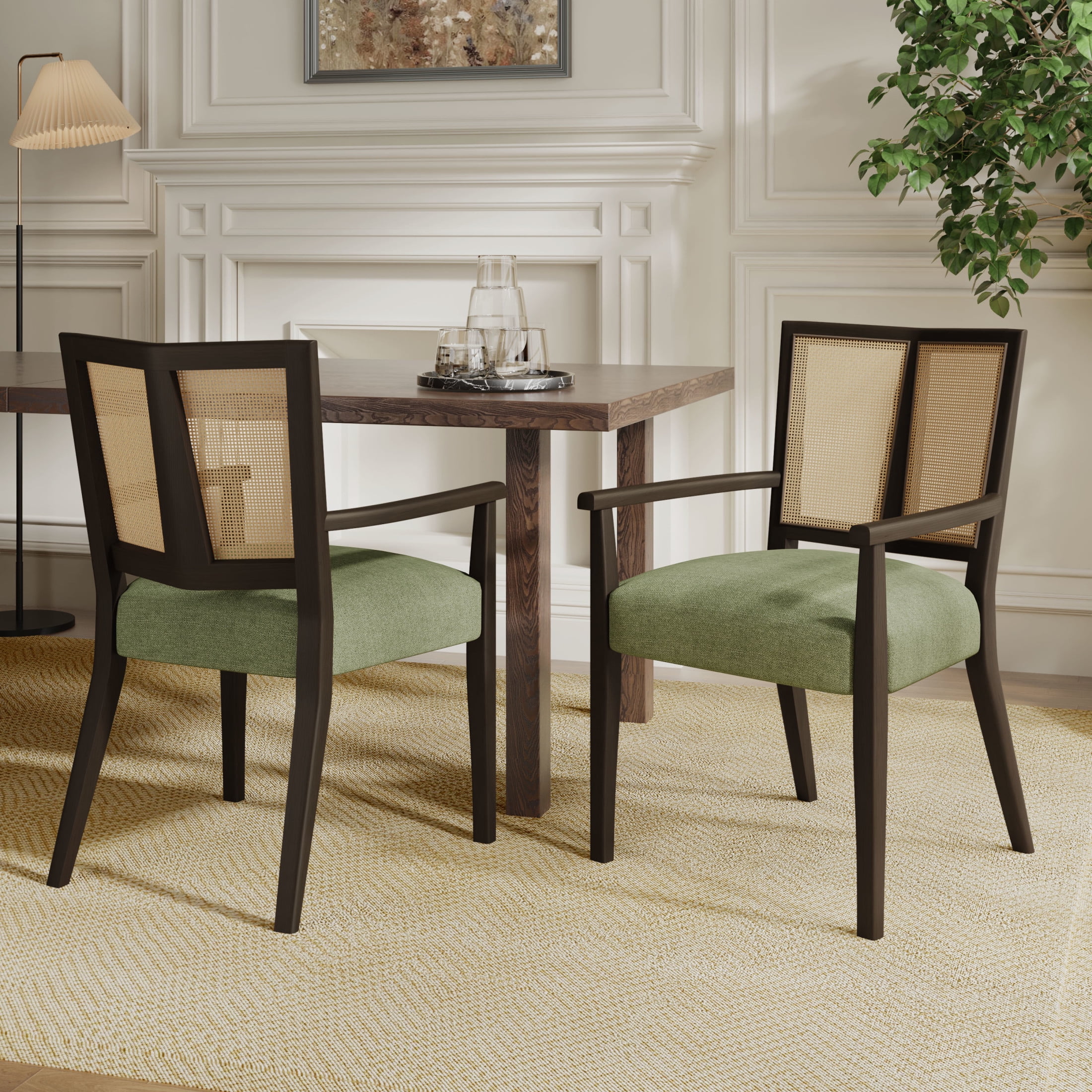 GDF Studio Modern Arm Dining Chairs with Cane Rattan Backrest, Green ...