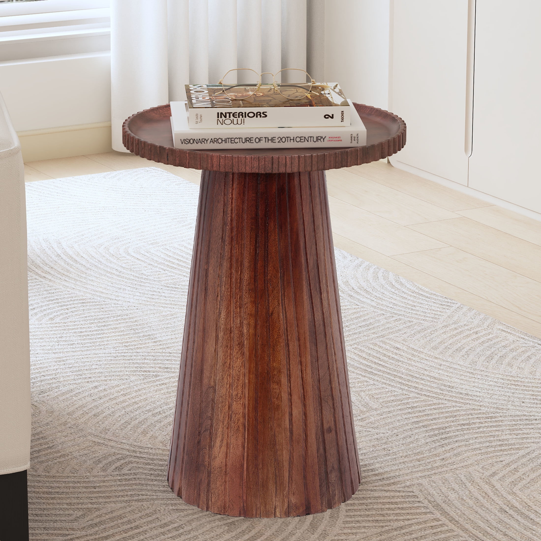 GDF Studio Modern Mango Wood End Table with Gear-Shaped Top and Conical ...