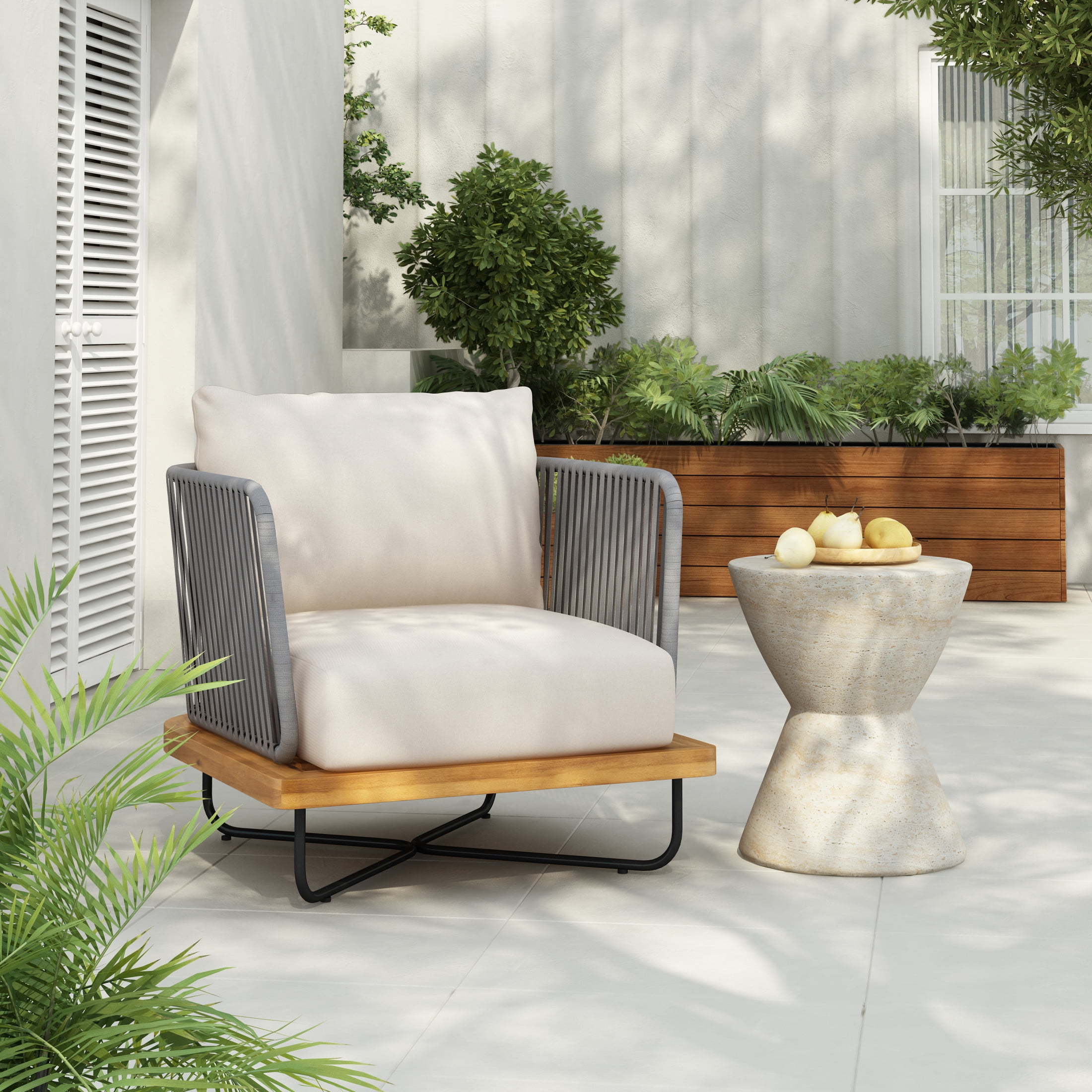 GDF Studio Modern Outdoor Club Chair with Hand-Woven Rope and Beige ...