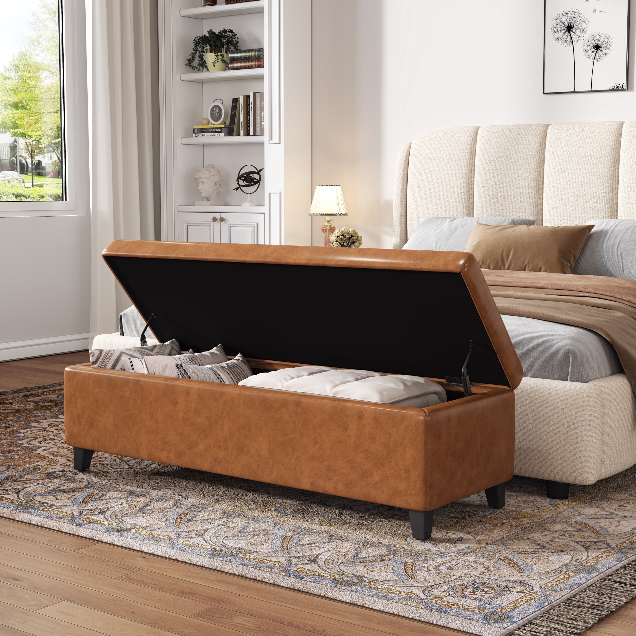GDF Studio Modern PU Rectangle Storage Ottoman, Birch Wood Legs, Light ...