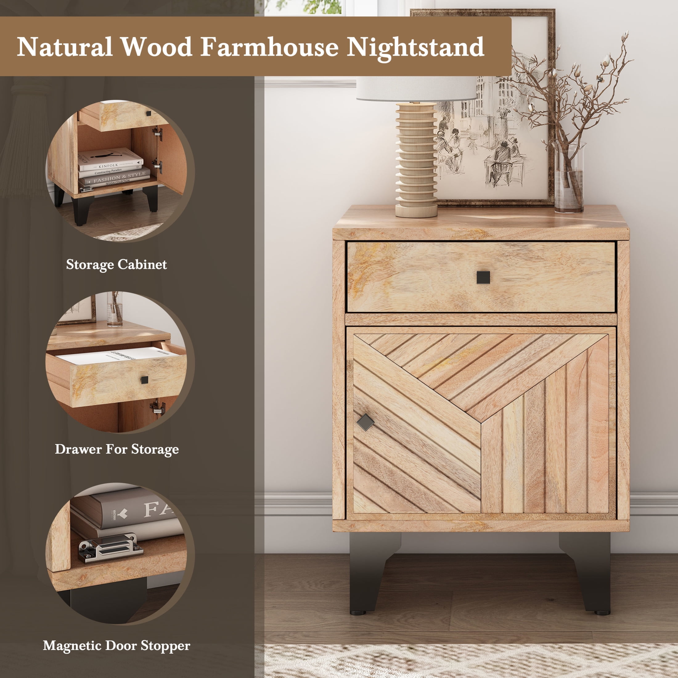 GDF Studio Modern Rectangle Wood Nightstand with Storage, Natural ...